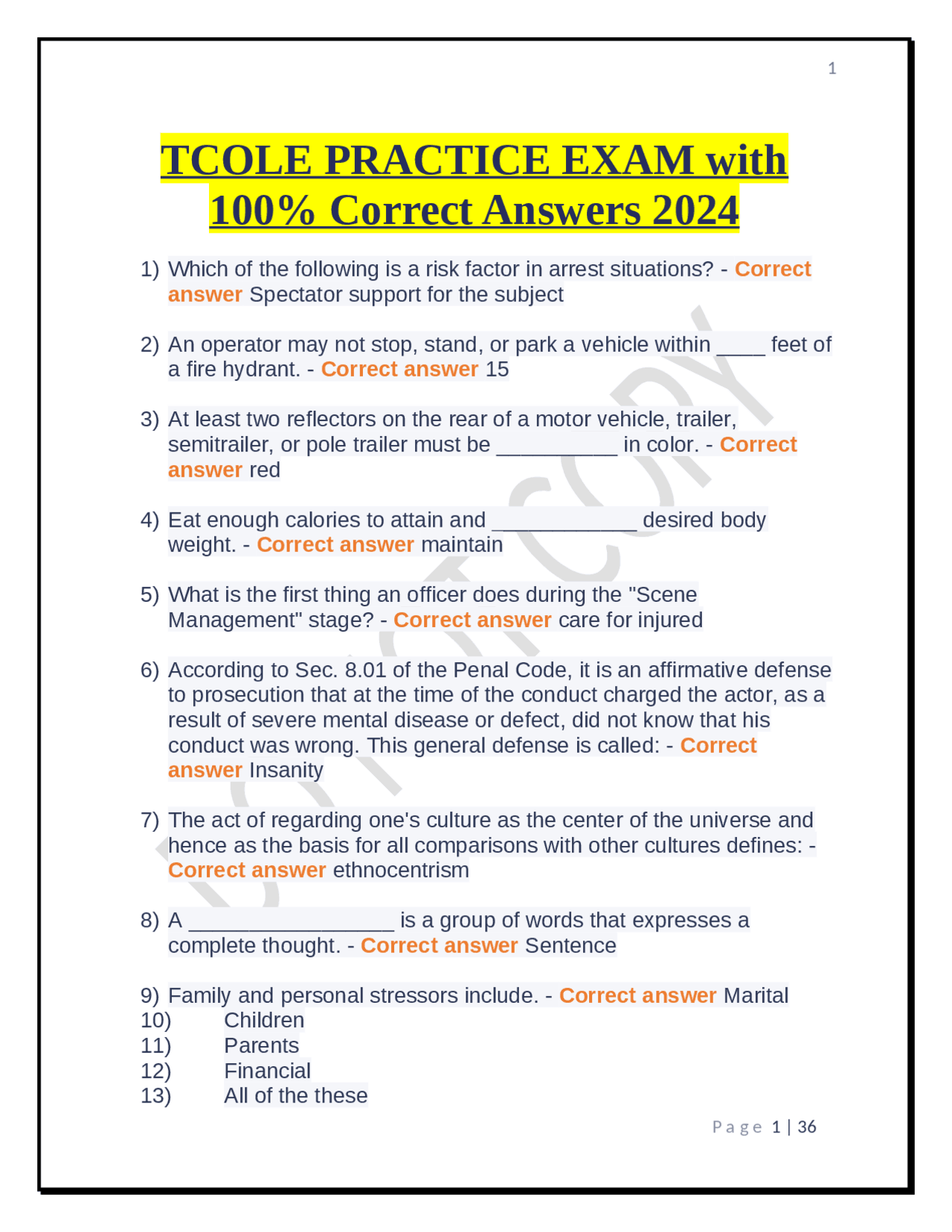 TCOLE PRACTICE EXAM with 100% Correct Answers 2024 | Exams Humanities ...