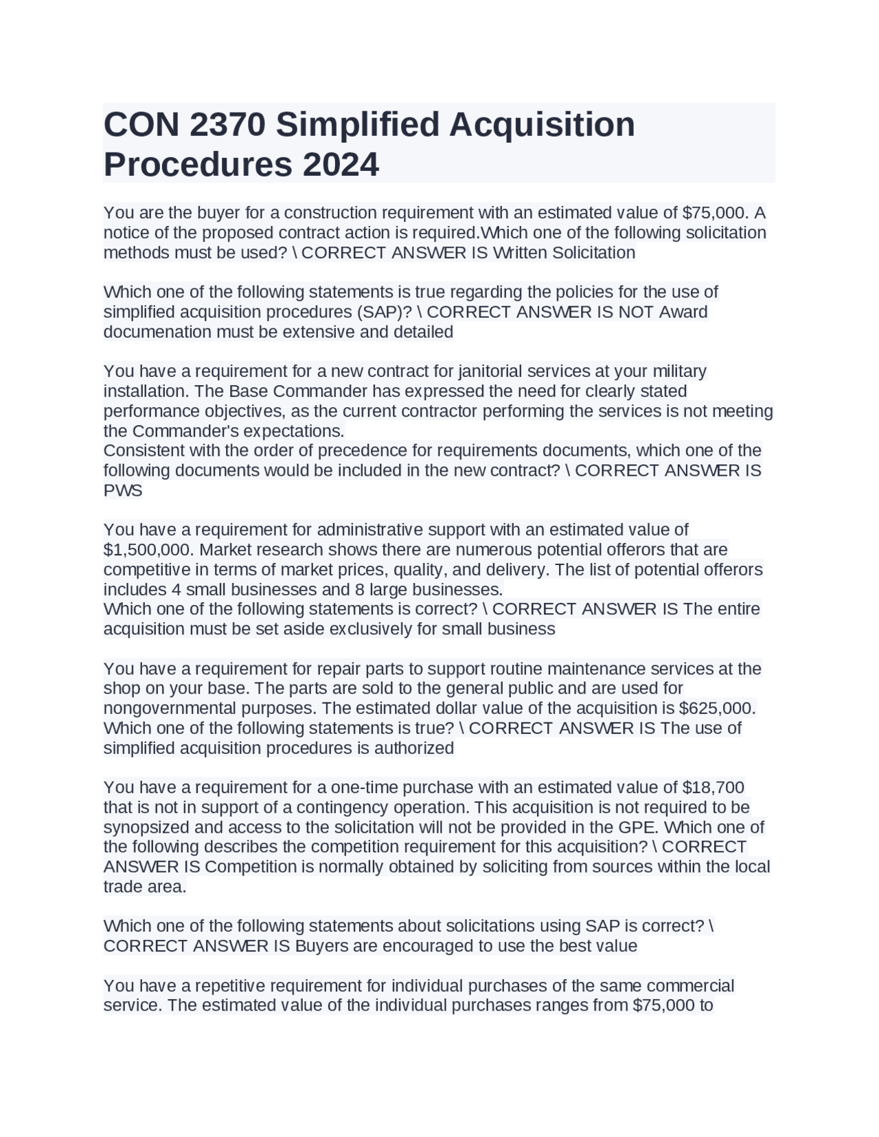 CON 2370 Simplified Acquisition Procedures 2024 | Exams Law | Docsity