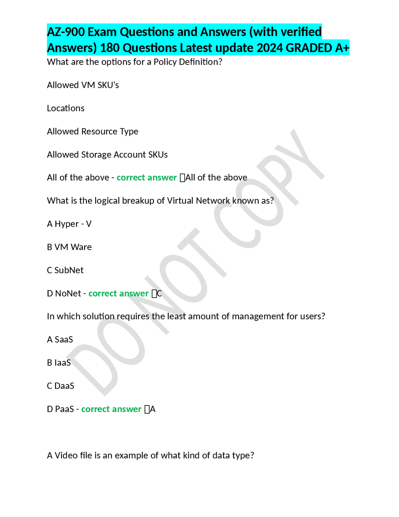 AZ-900 Exam Questions and Answers (with verified Answers) 180 Questions ...