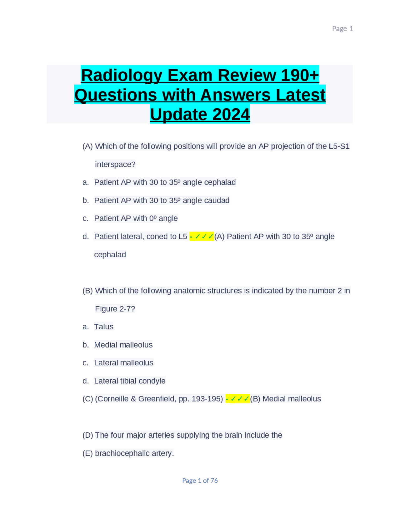 Radiology Exam Review 190+ Questions with Answers Latest Update 2024 ...