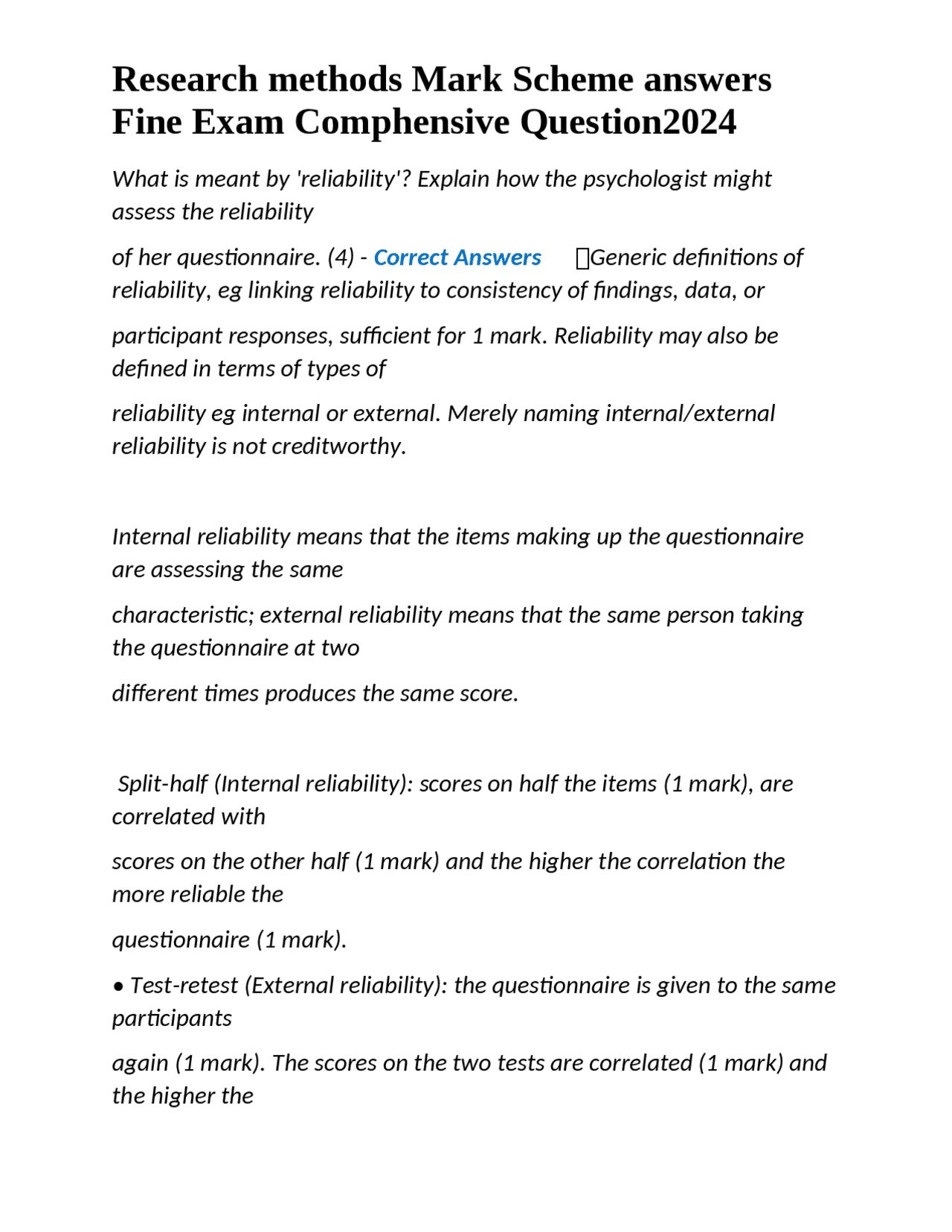 Research methods Mark Scheme answers Fine Exam Comphensive Question2024 | Exams Nursing | Docsity