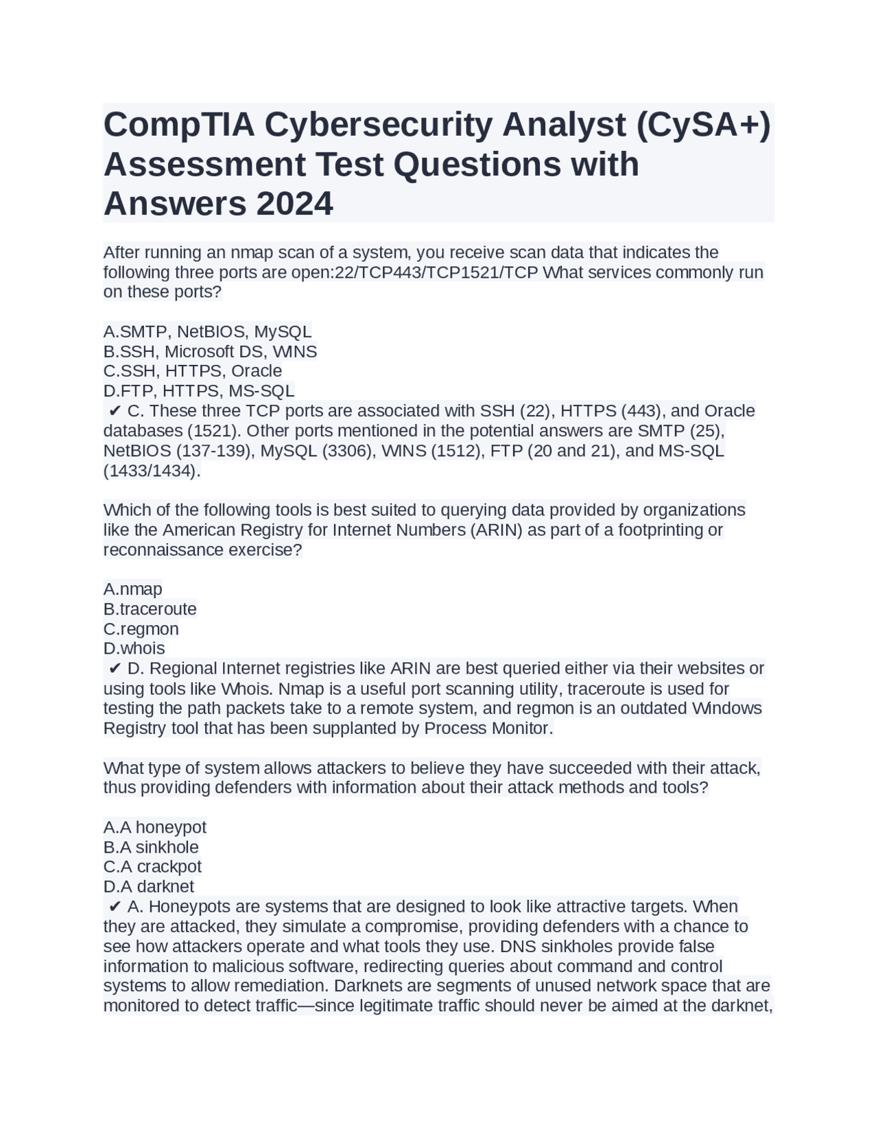 CompTIA Cybersecurity Analyst (CySA+) Assessment Test Questions with ...