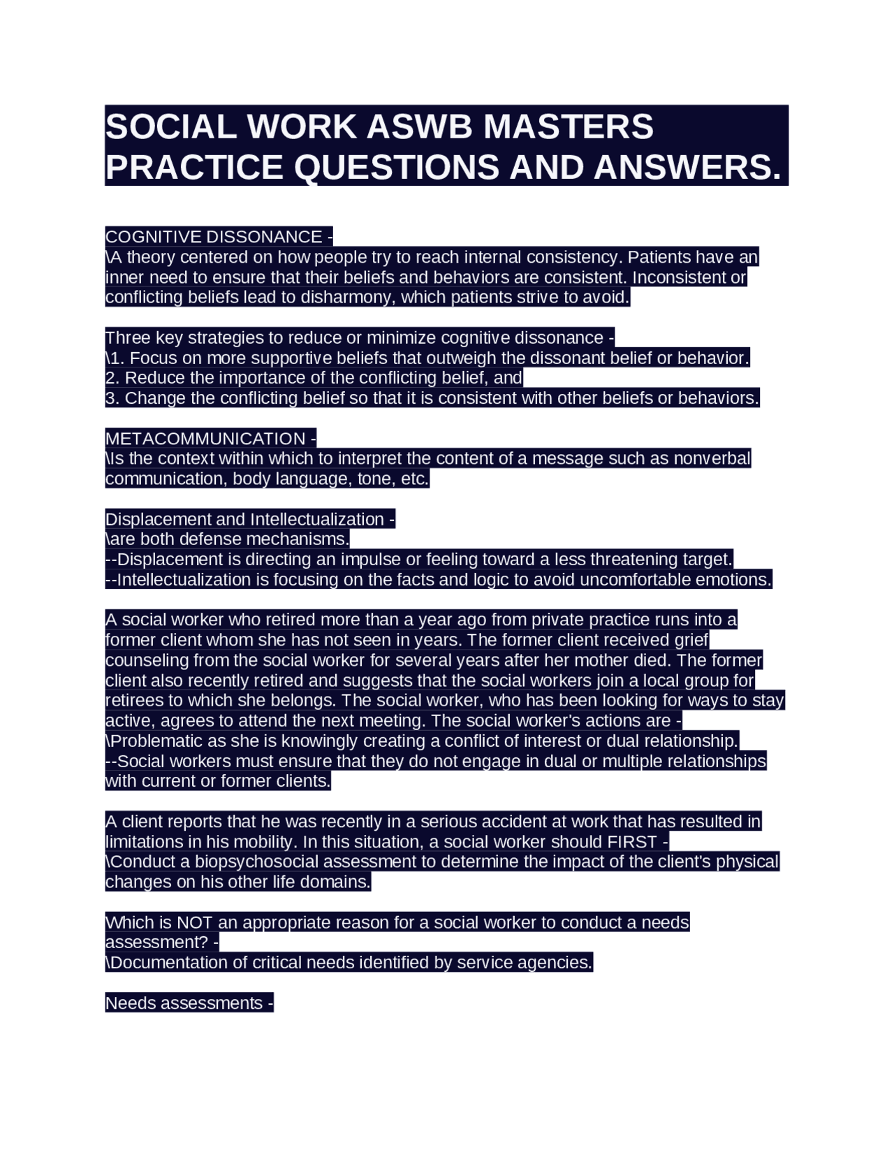 SOCIAL WORK ASWB MASTERS PRACTICE QUESTIONS AND ANSWERS. | Exams Social Work | Docsity