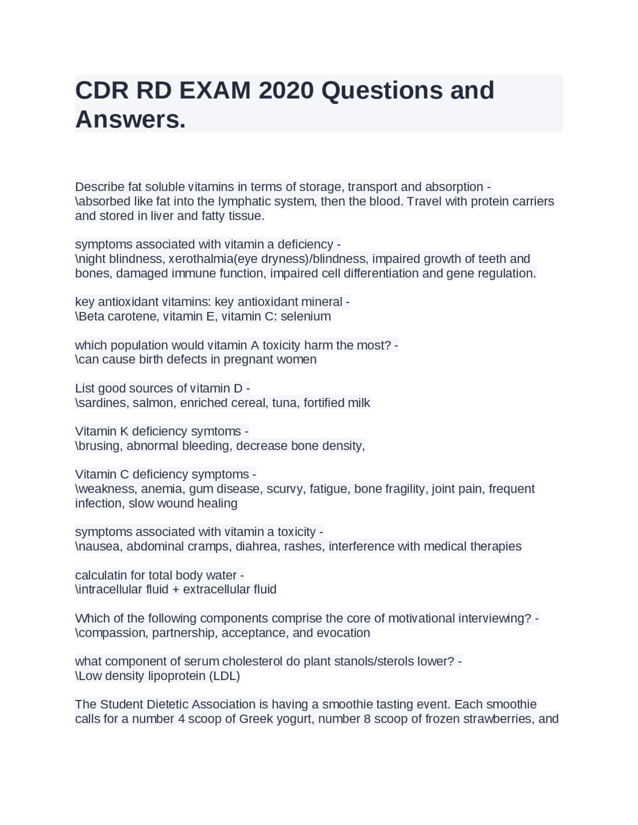 CDR RD EXAM 2020 Questions and Answers. | Exams Medicine | Docsity