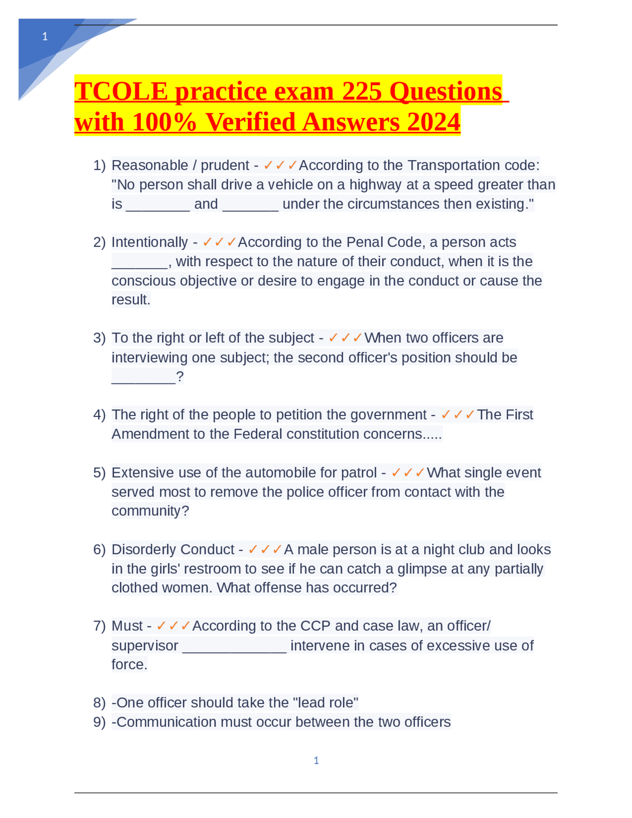 TCOLE practice exam 225 Questions with 100% Verified Answers 2024 | Exams Humanities | Docsity