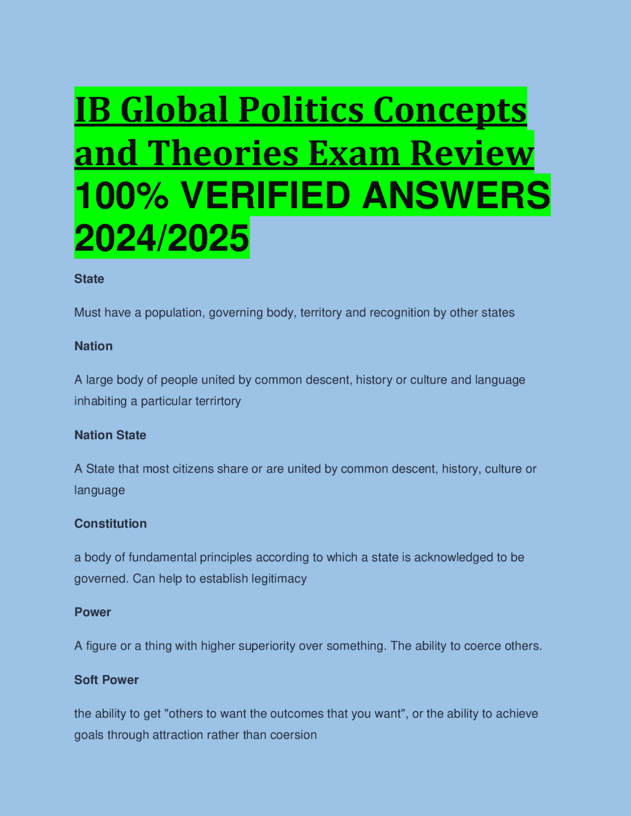 IB Global Politics Concepts and Theories Exam Review 100% VERIFIED ...