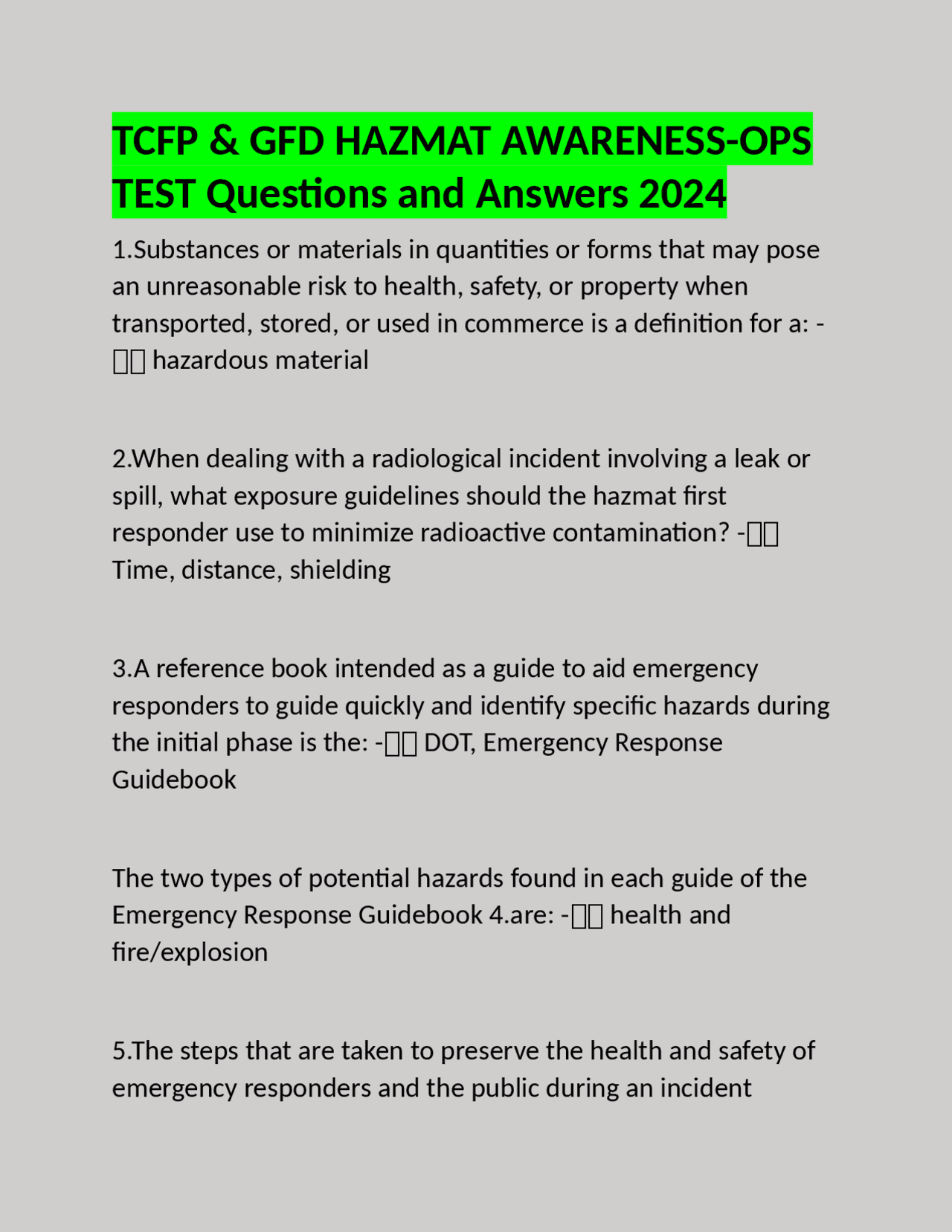 TCFP & GFD HAZMAT AWARENESS-OPS TEST Questions and Answers 2024 | Exams ...