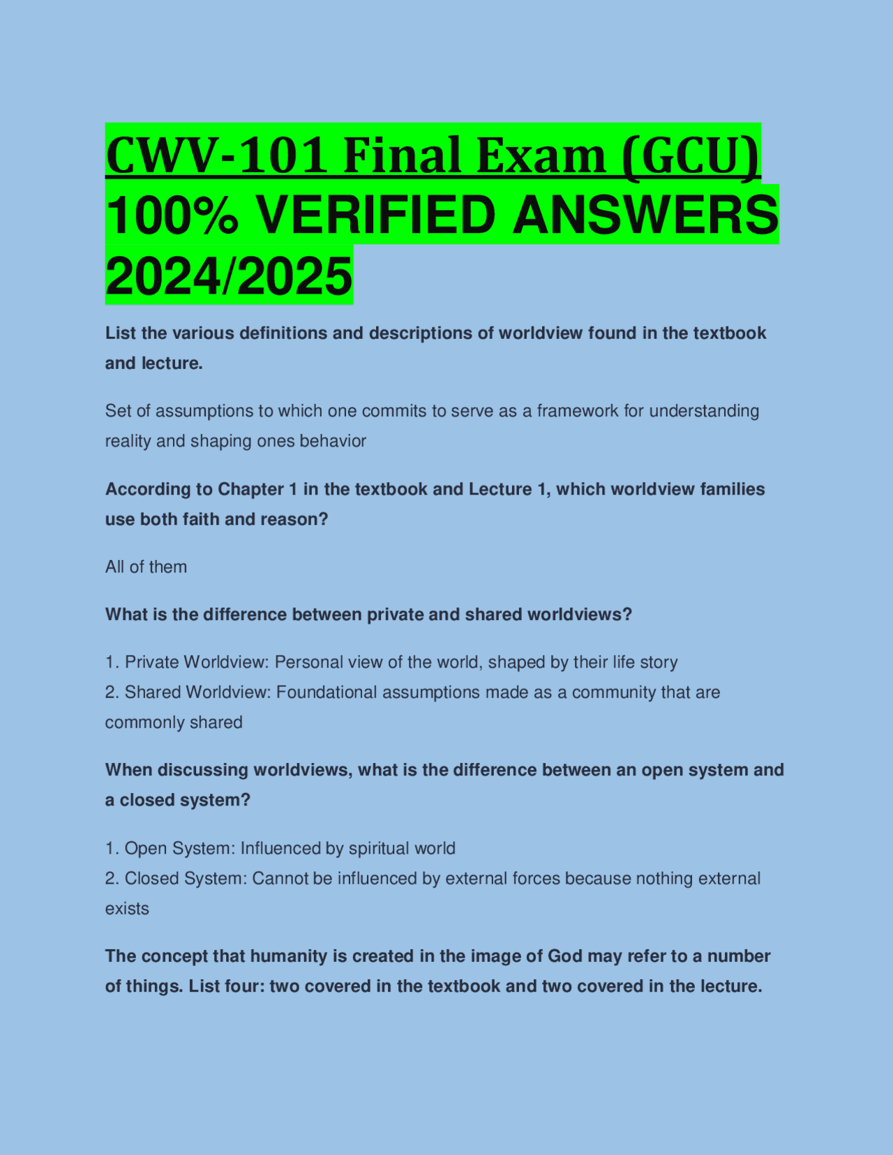 CWV-101 Final Exam (GCU) 100% VERIFIED ANSWERS 2024/2025 | Exams ...