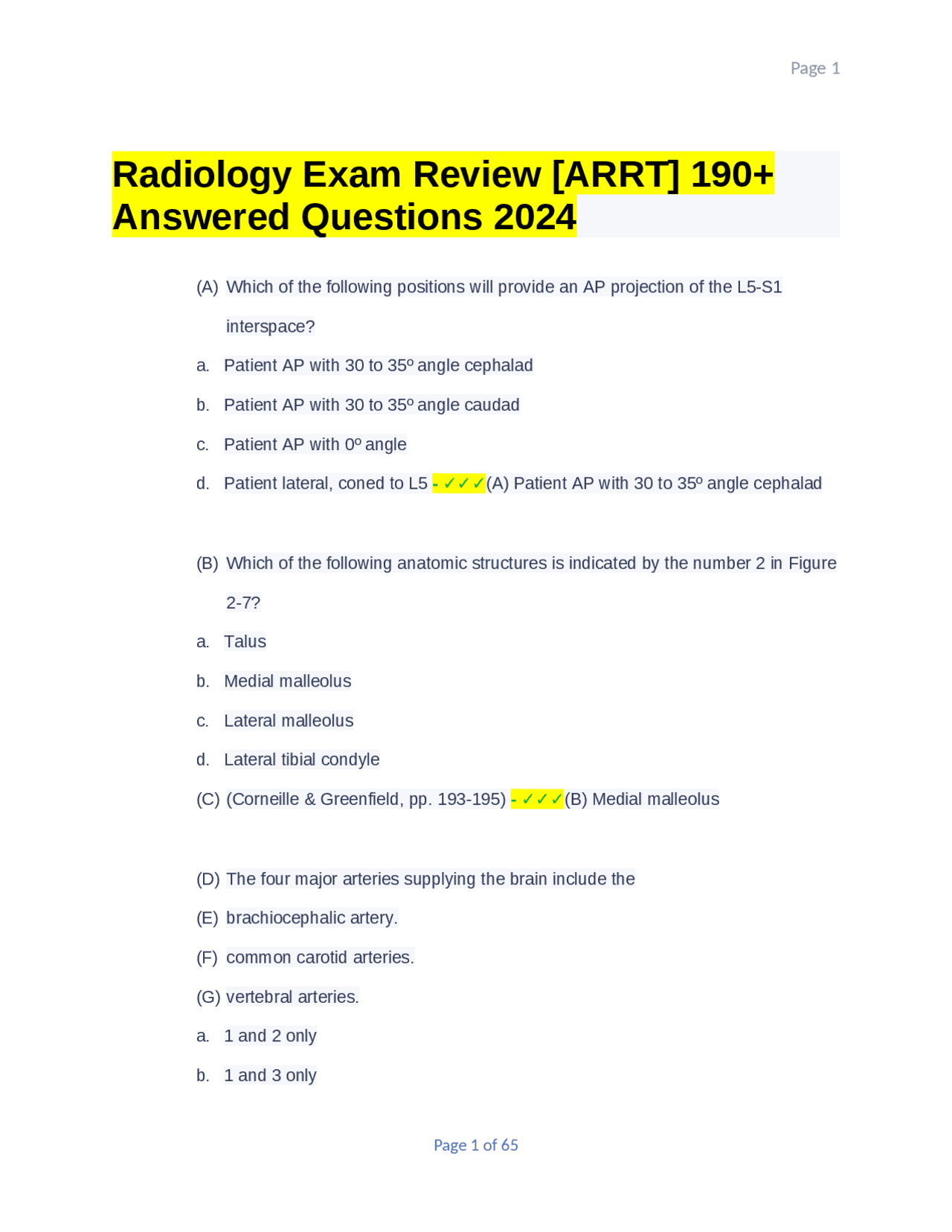 Radiology Exam Review [ARRT] 190+ Answered Questions 2024 | Exams ...