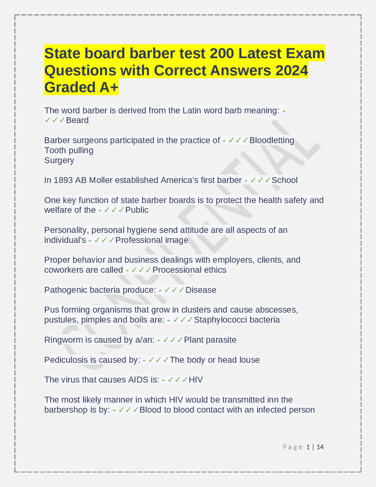 State board barber test 200 Latest Exam Questions with Correct Answers ...
