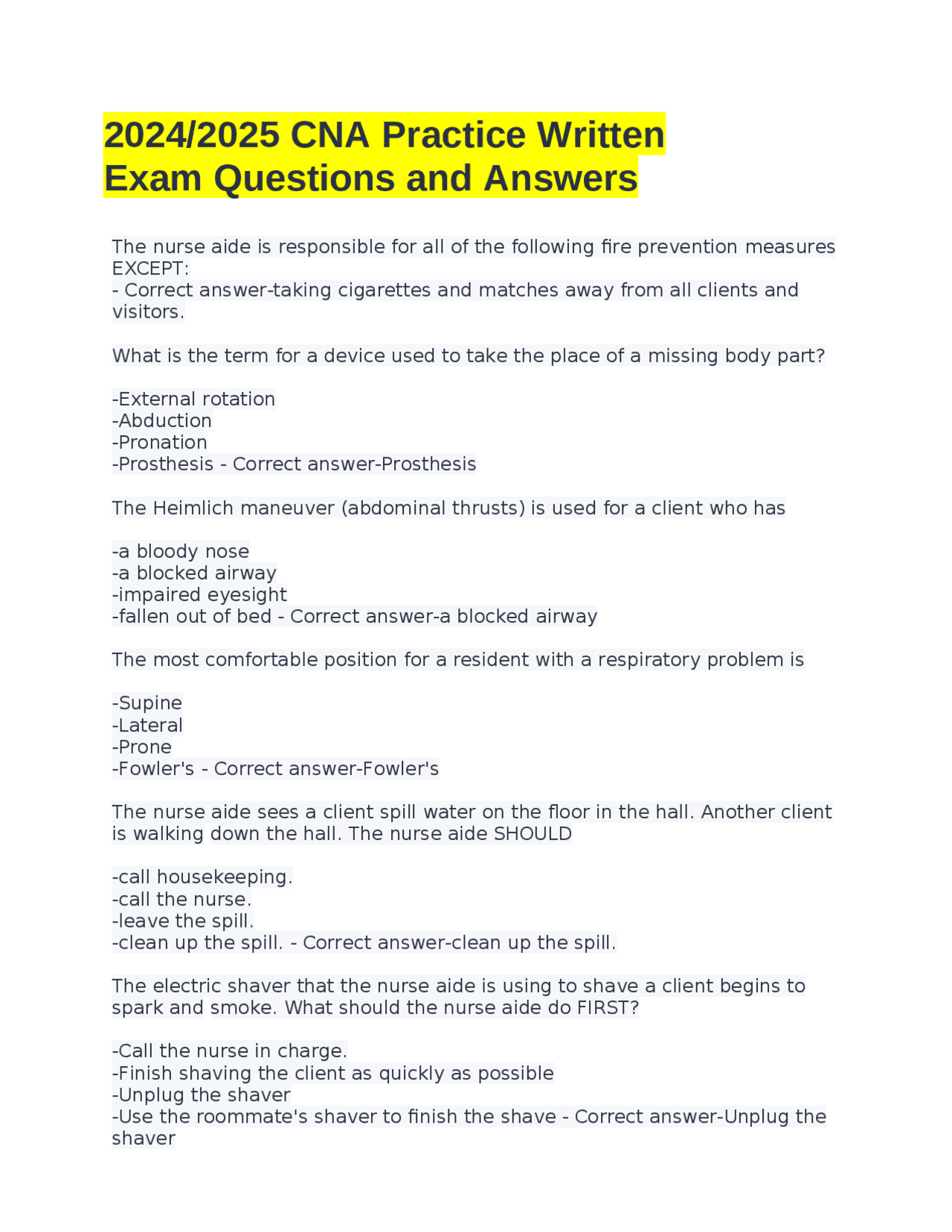 CNA Practice Exam: Fire Prevention, Heimlich, Client Positioning ...