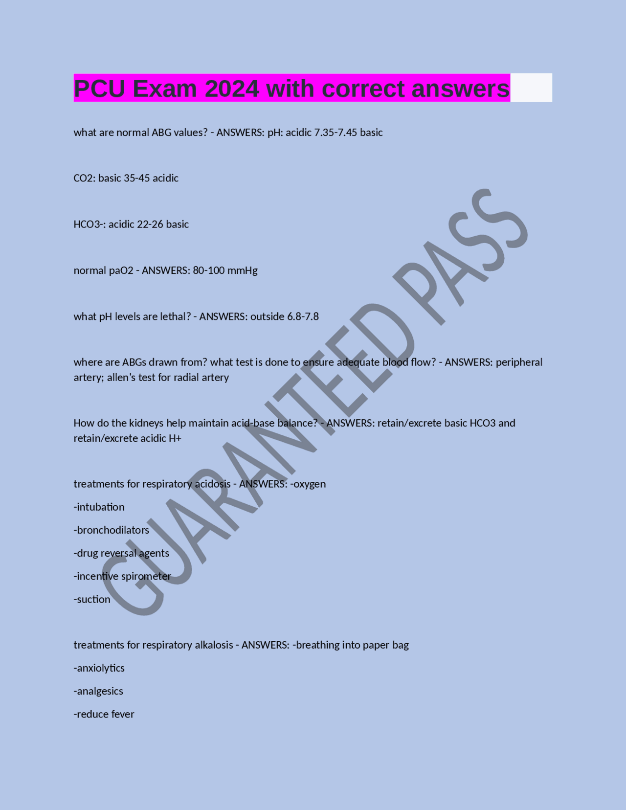 PCU Exam 2024 with correct answers | Exams Nursing | Docsity