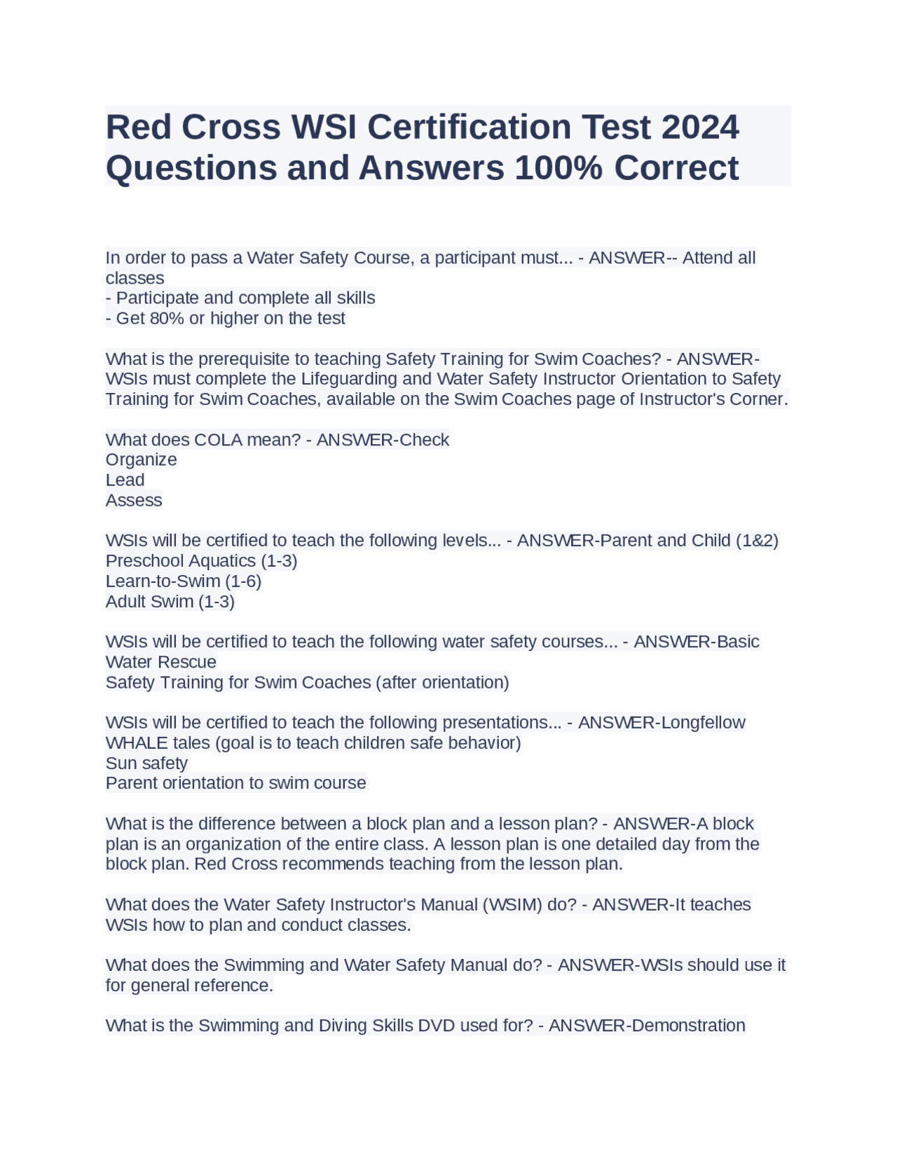 Red Cross WSI Certification Test 2024 Questions and Answers 100% ...