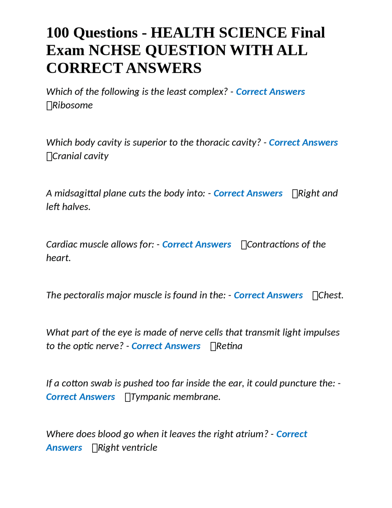 100 Questions - HEALTH SCIENCE Final Exam NCHSE QUESTION WITH ALL ...