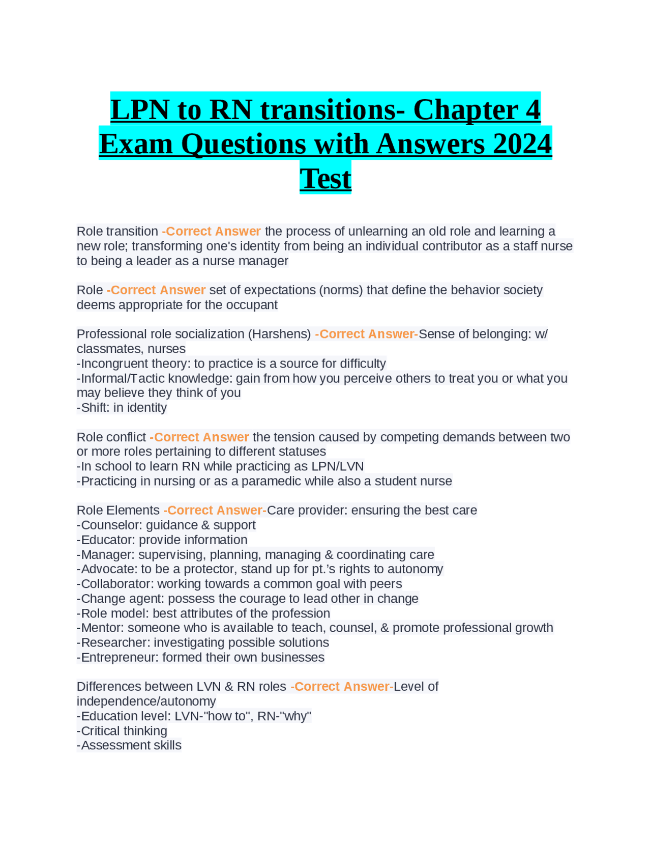 LPN to RN transitions- Chapter 4 Exam Questions with Answers 2024 Test ...