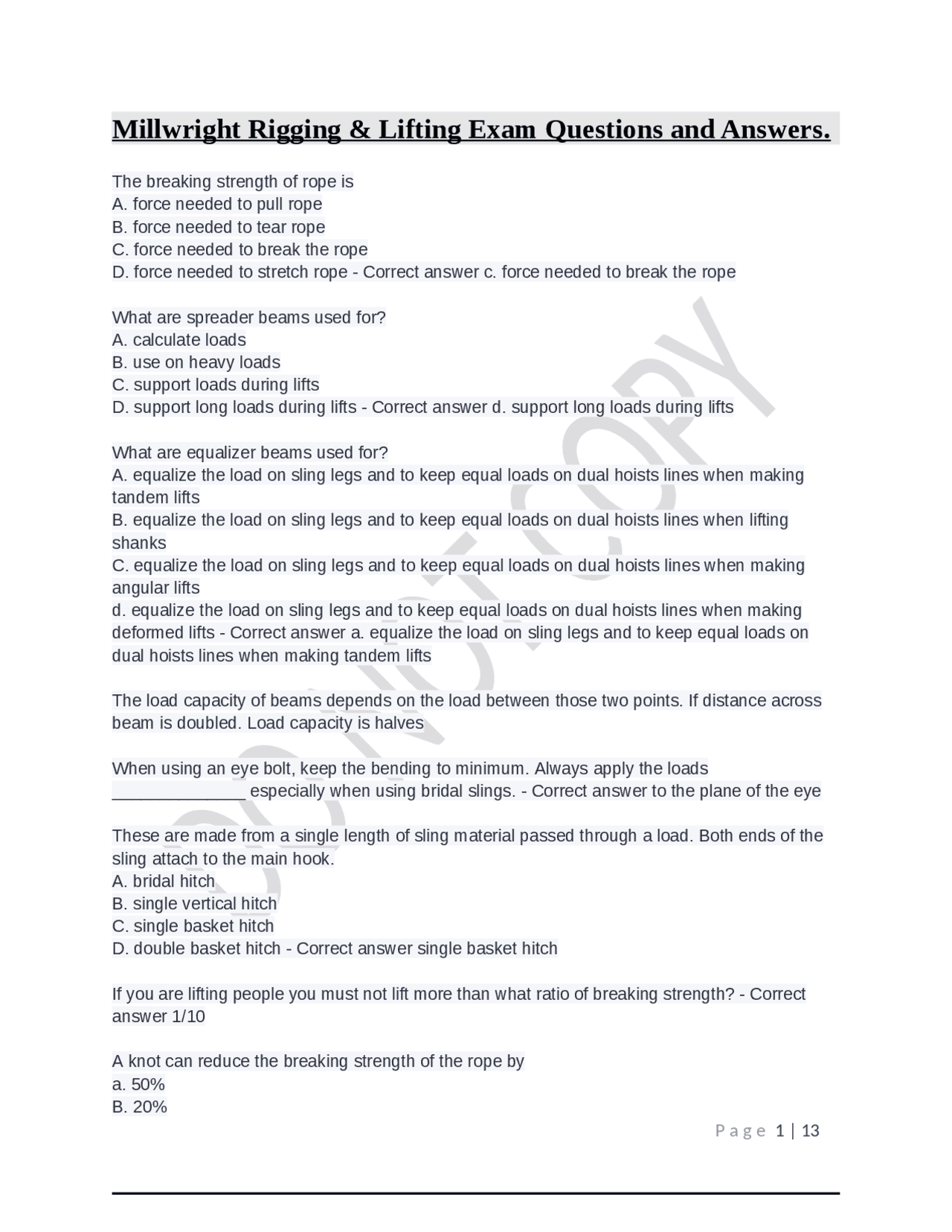 Millwright Rigging & Lifting Exam Questions and Answers. | Exams Search ...