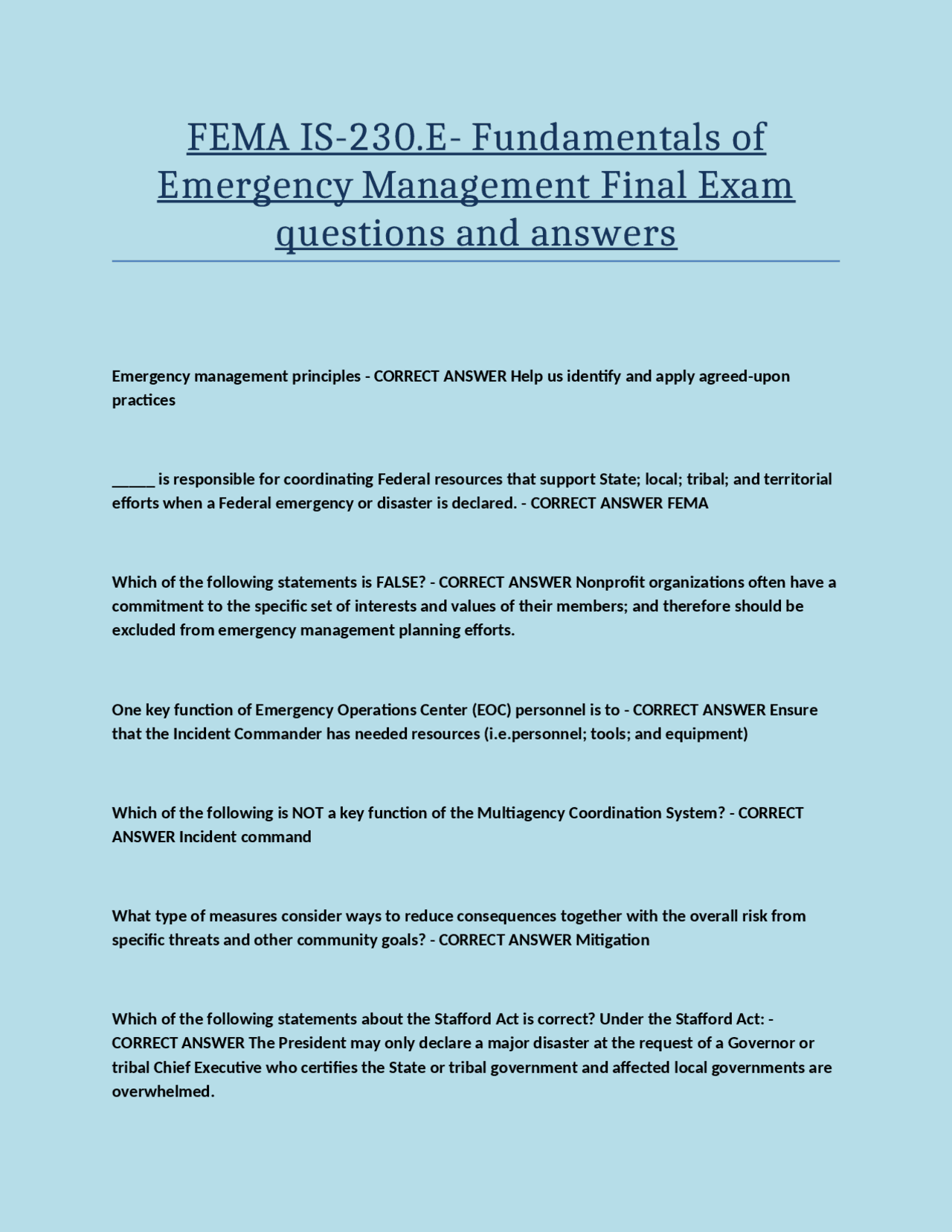 FEMA IS-230.E- Fundamentals of Emergency Management Final Exam ...