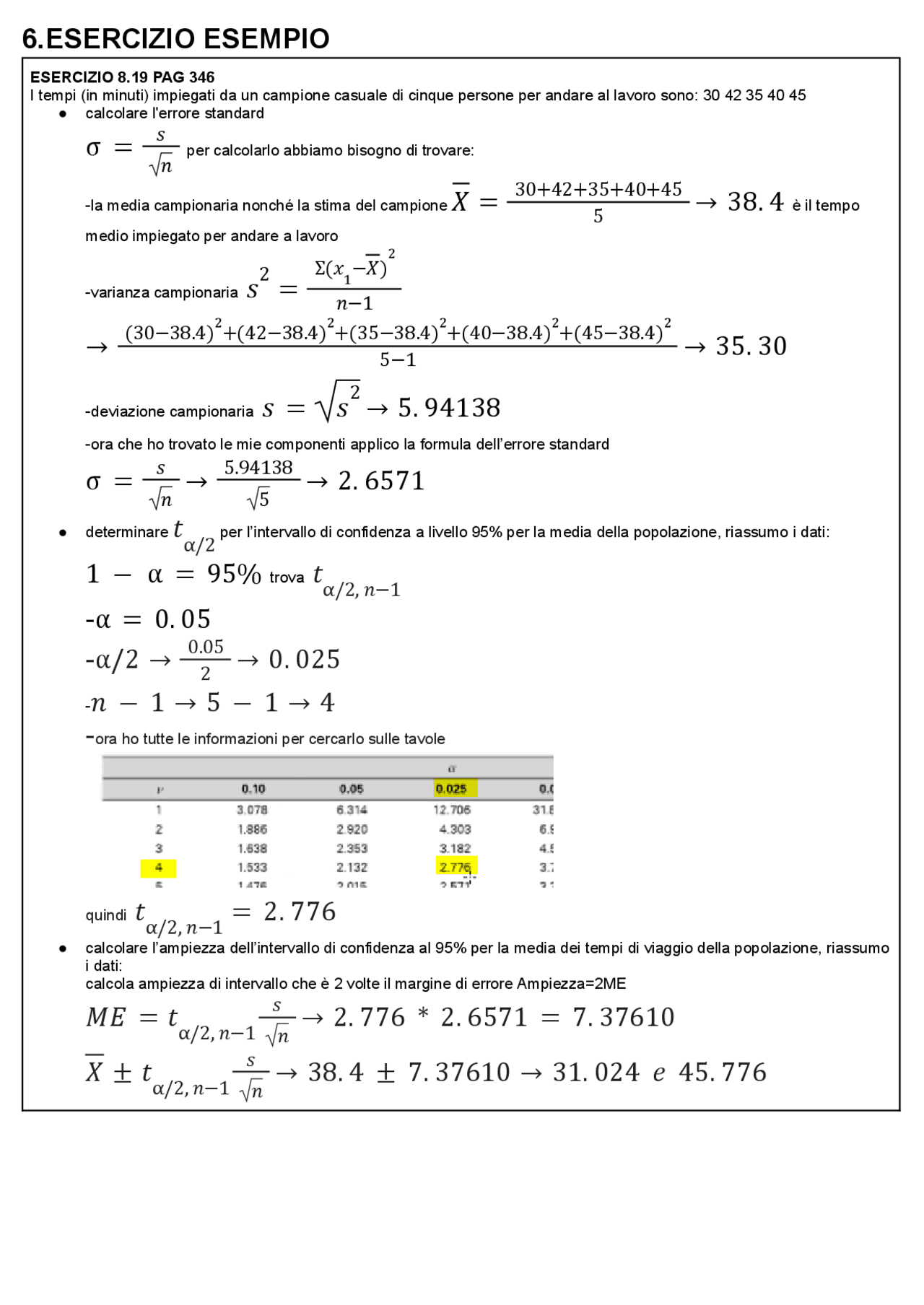 esercizio esempio capitolo 6 | Appunti di Statistica | Docsity