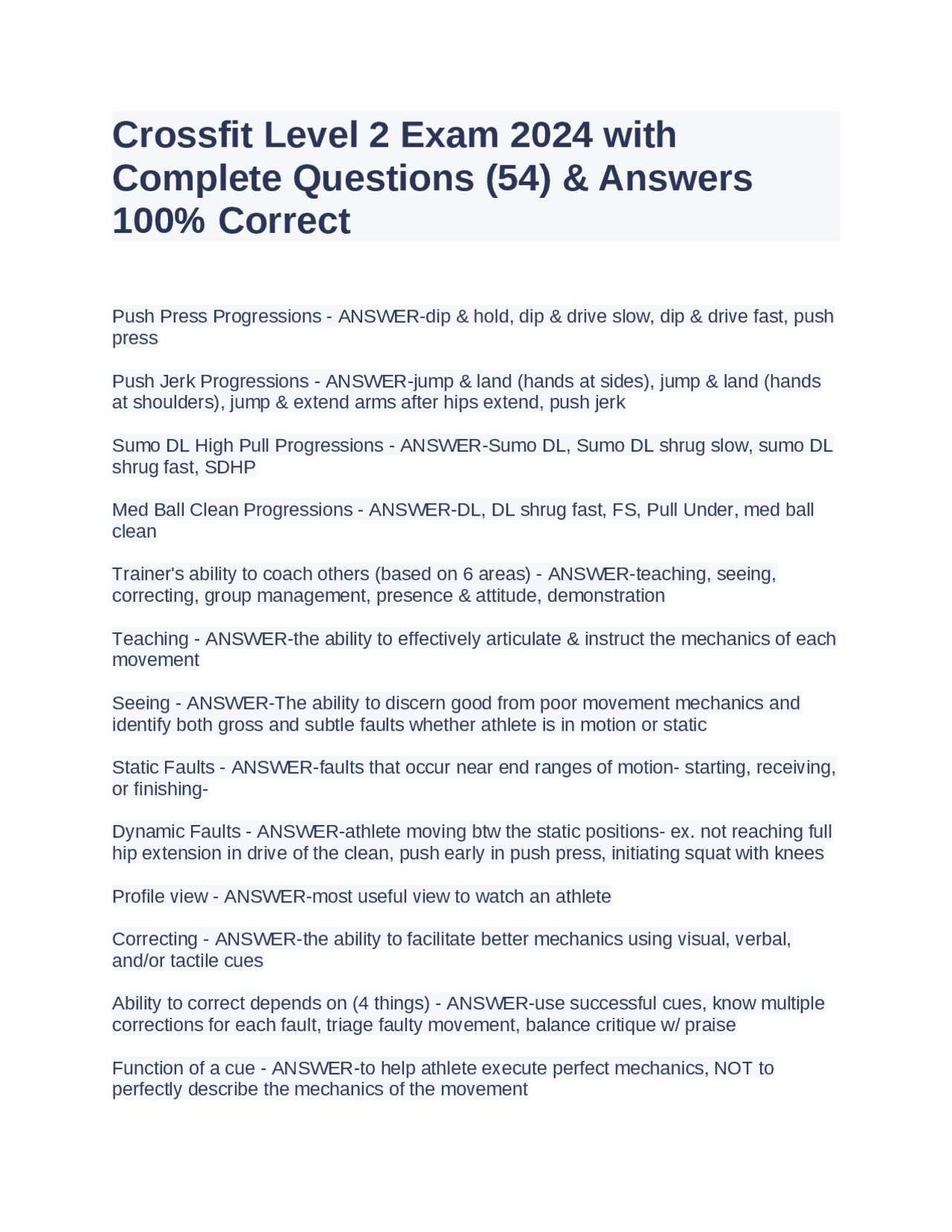 Crossfit Level 2 Exam 2024 with Complete Questions (54) & Answers 100% ...