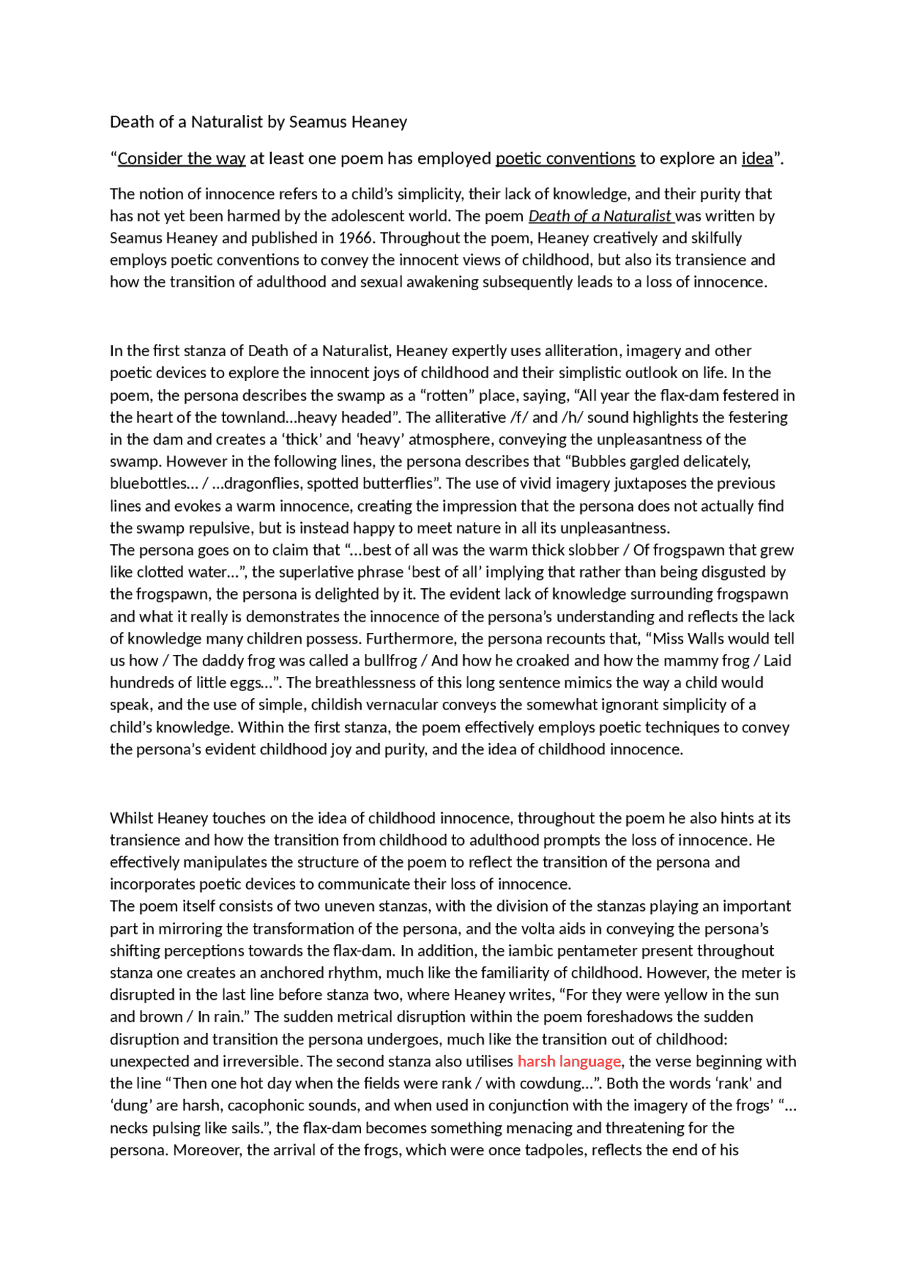 Analysis of Seamus Heaney's Poem Death of a Naturalist | Essays (high ...