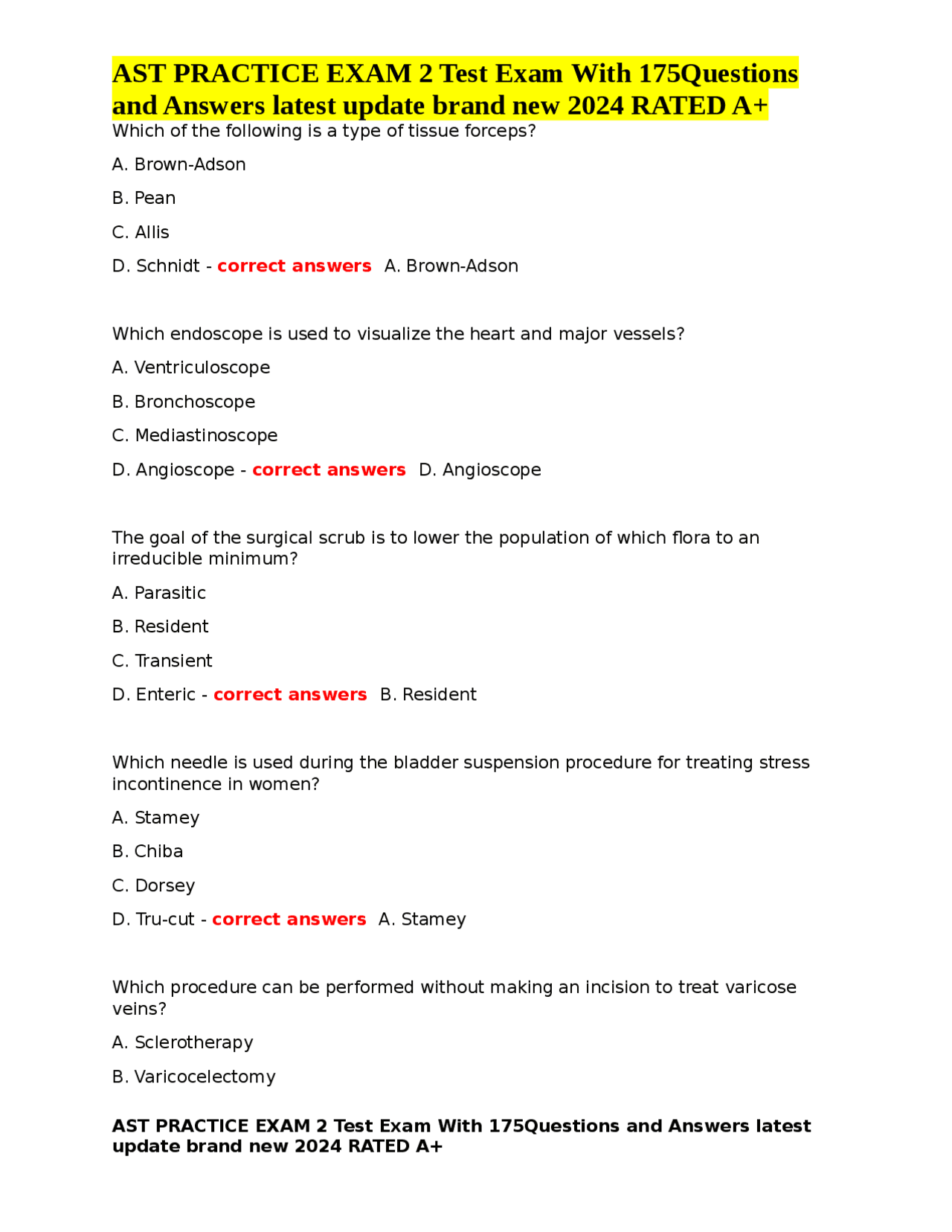 AST PRACTICE EXAM 2 Test Exam With 175Questions and Answers latest ...