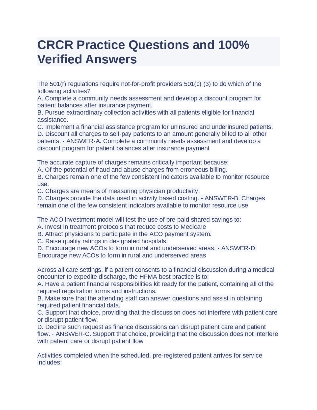 CRCR Practice Questions and 100% Verified Answers | Exams Business ...