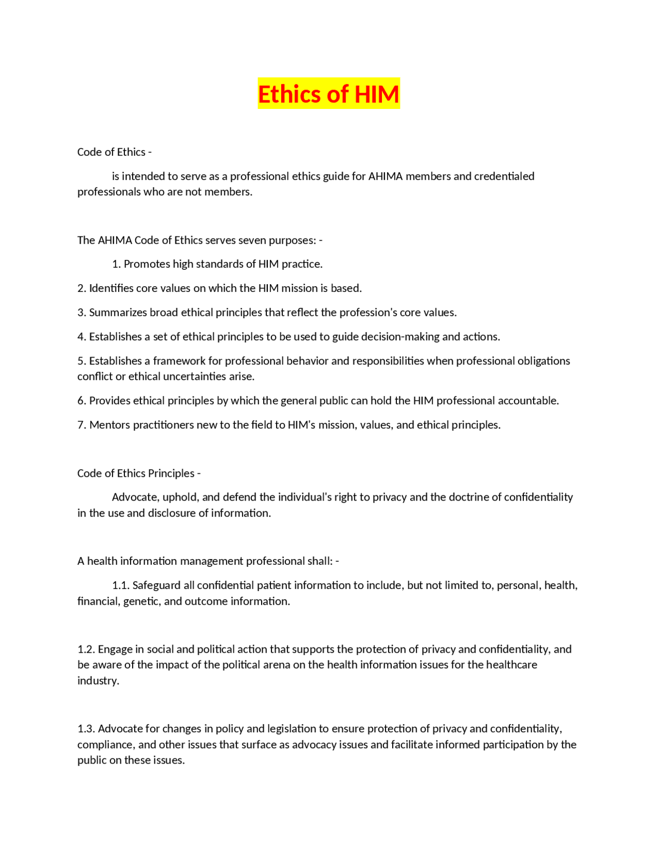 AHIMA Code of Ethics for Health Information Management Professionals ...