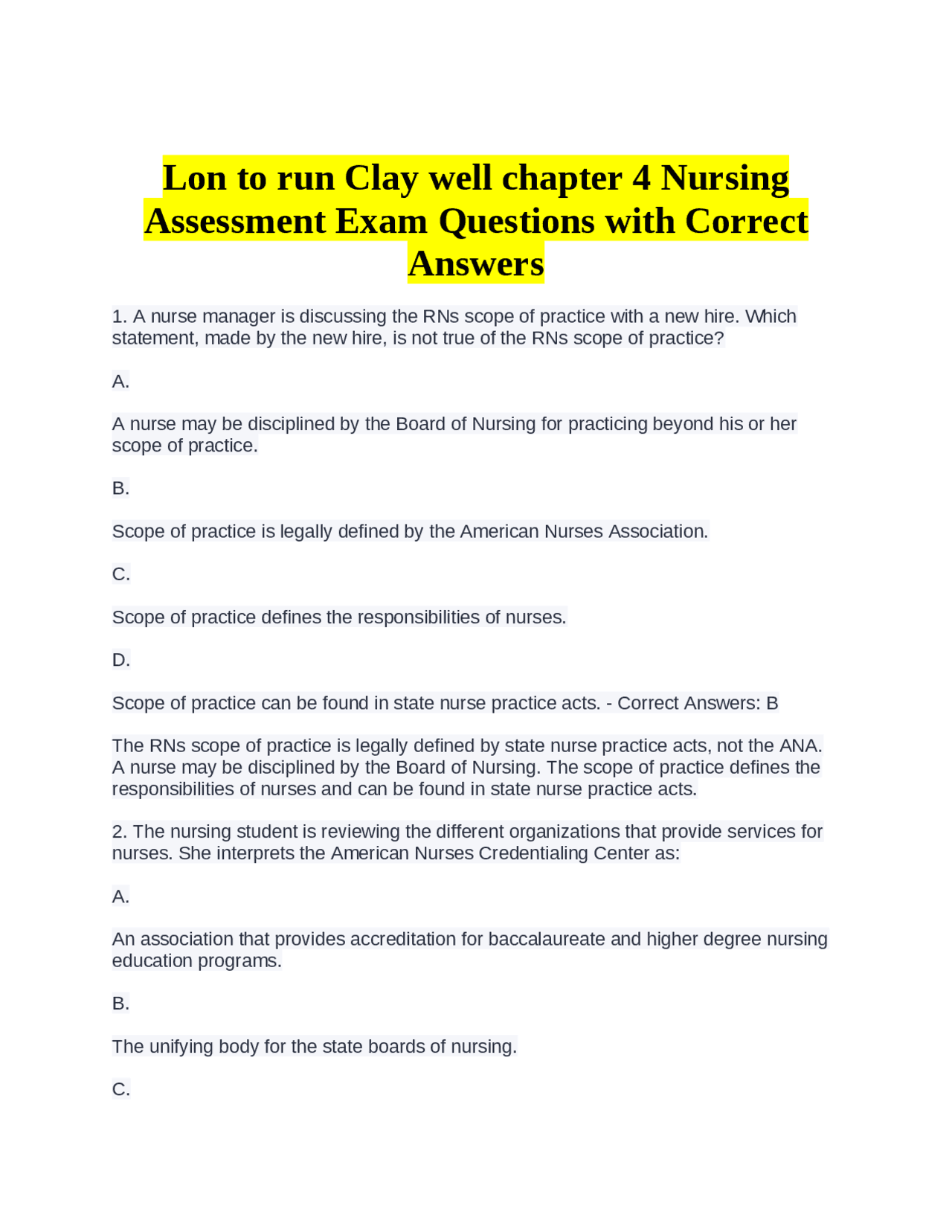 Lon to run Clay well chapter 4 Nursing Assessment Exam Questions with ...