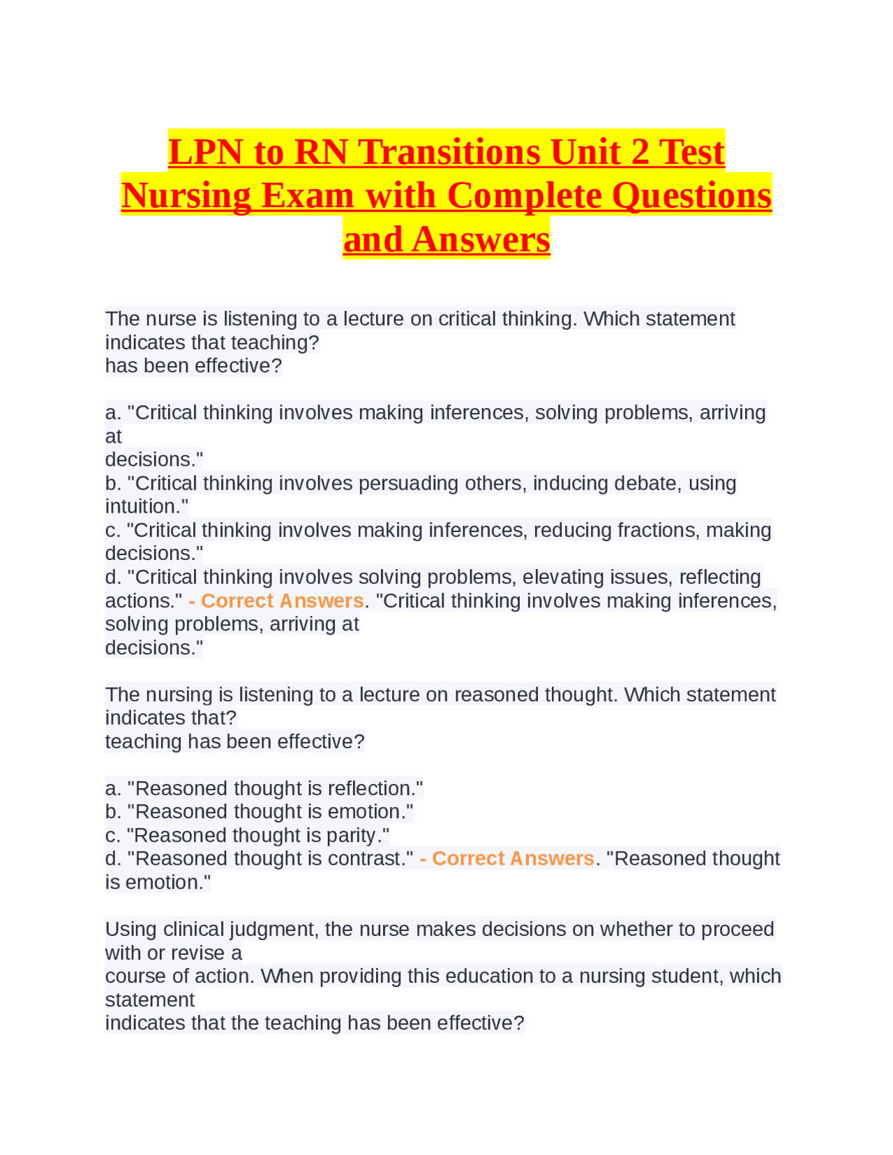 LPN to RN Transitions Unit 2 Test Nursing Exam with Complete Questions ...