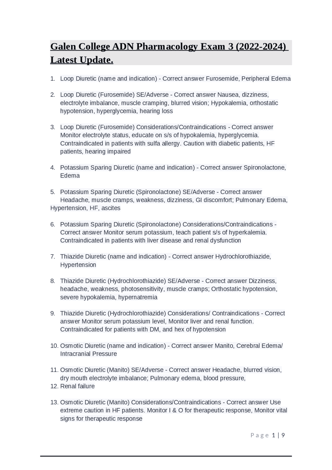 Galen College ADN Pharmacology Exam 3 (2022-2024) Latest Update ...