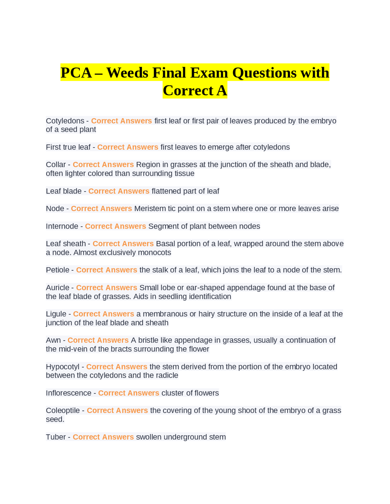 PCA – Weeds Final Exam Questions with Correct A | Exams Nursing | Docsity
