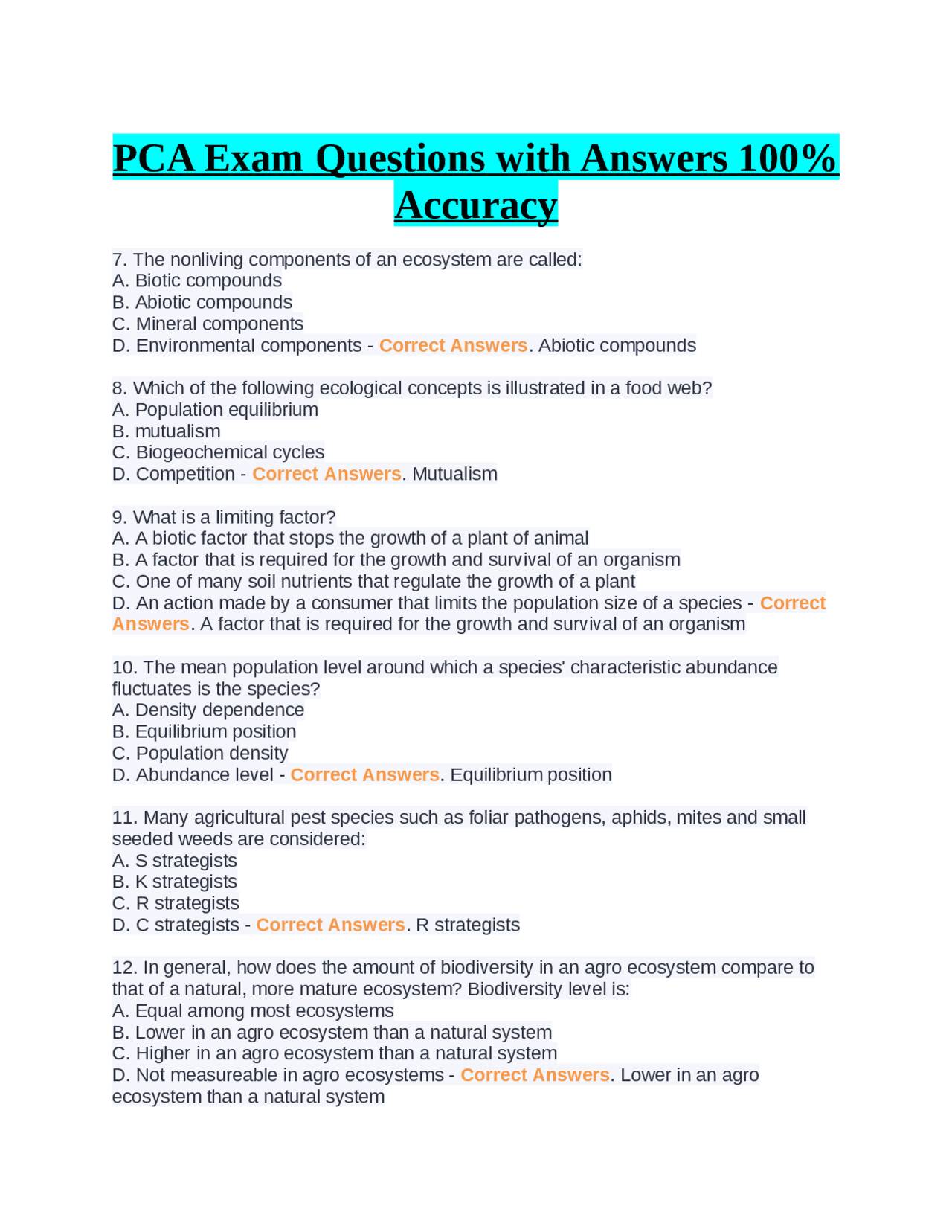 PCA Exam Questions with Answers 100% Accuracy | Exams Nursing | Docsity
