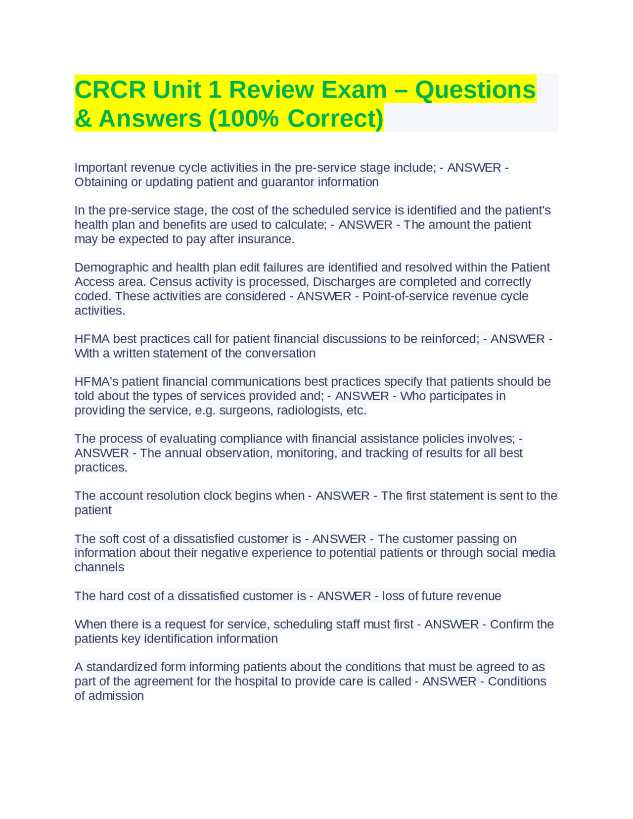 CRCR Unit 1 Review Exam – Questions & Answers (100% Correct) | Exams ...