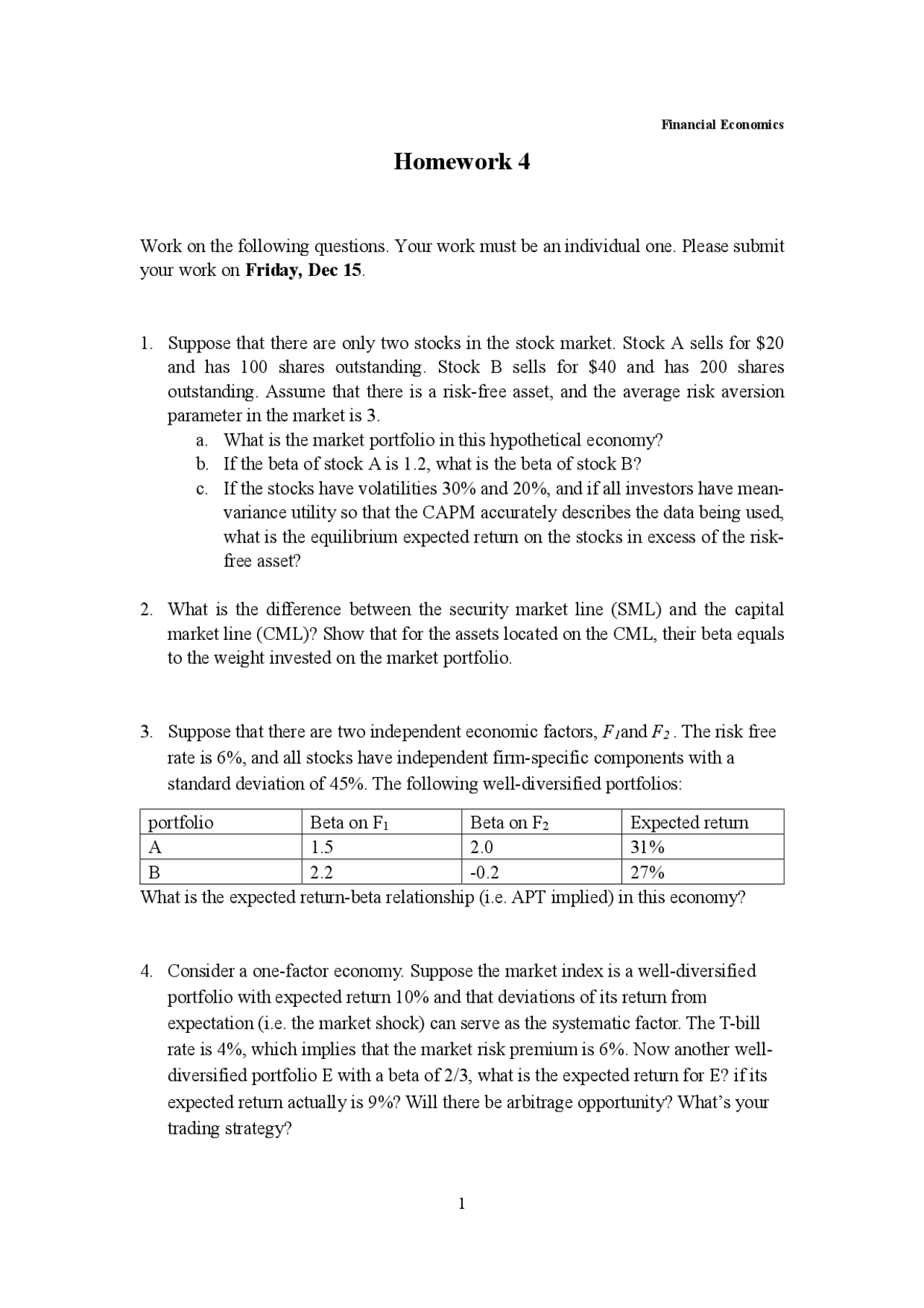 homework4-financial economics | Exercises Financial Economics | Docsity