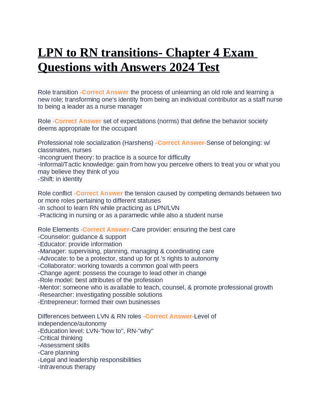 LPN to RN transitions- Chapter 4 Exam Questions with Answers 2024 Test ...