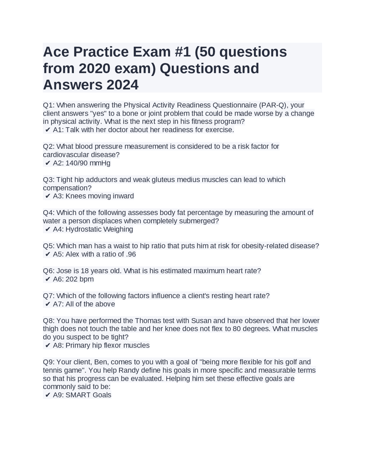 Ace Practice Exam #1 (50 questions from 2020 exam) Questions and ...