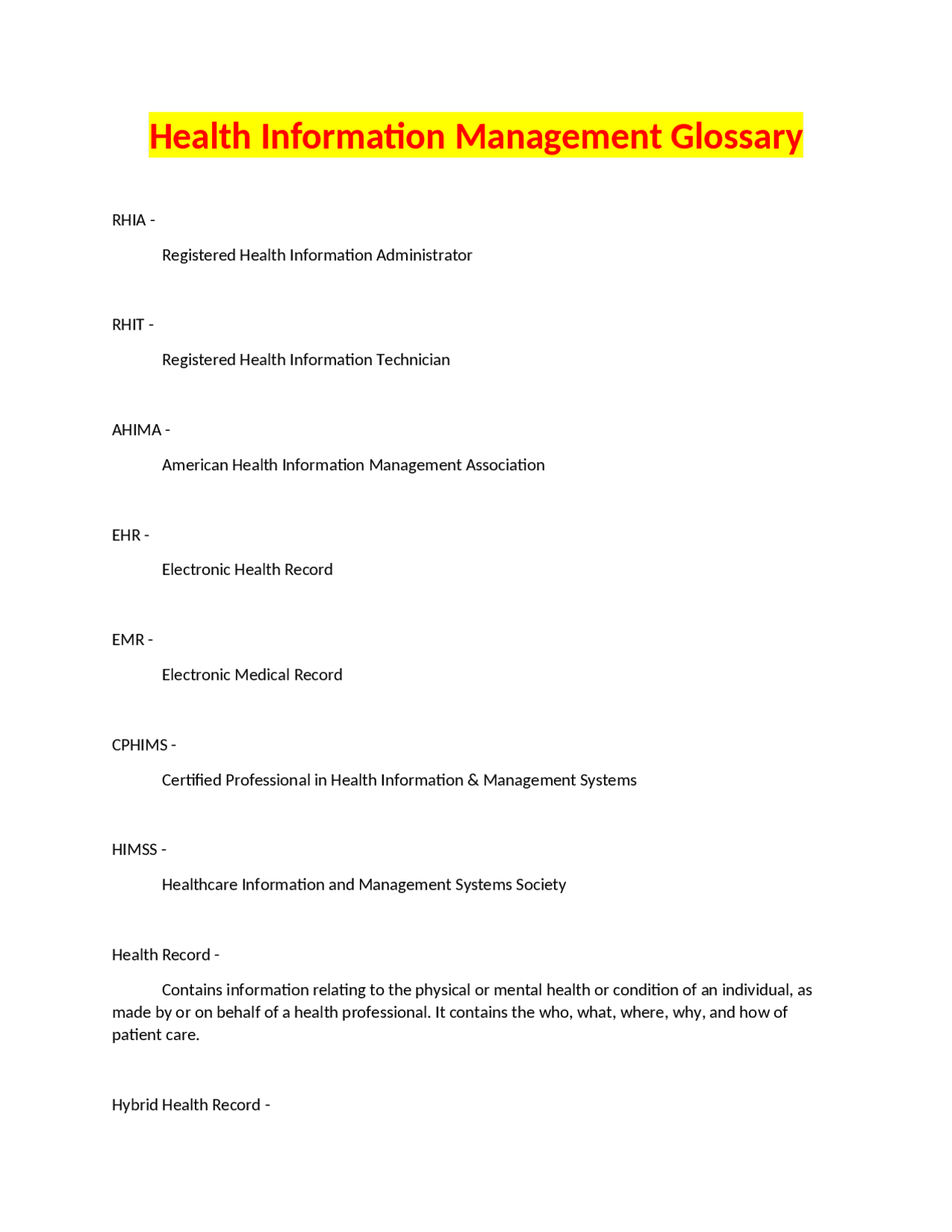 Health Information Management: Glossary, History, and Professional ...