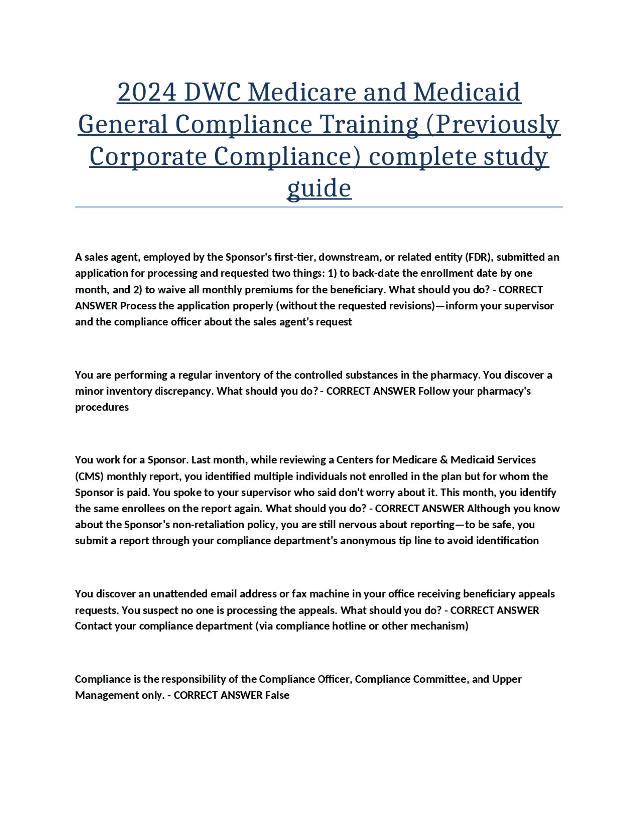 2024 DWC Medicare and Medicaid General Compliance Training Study Guide ...