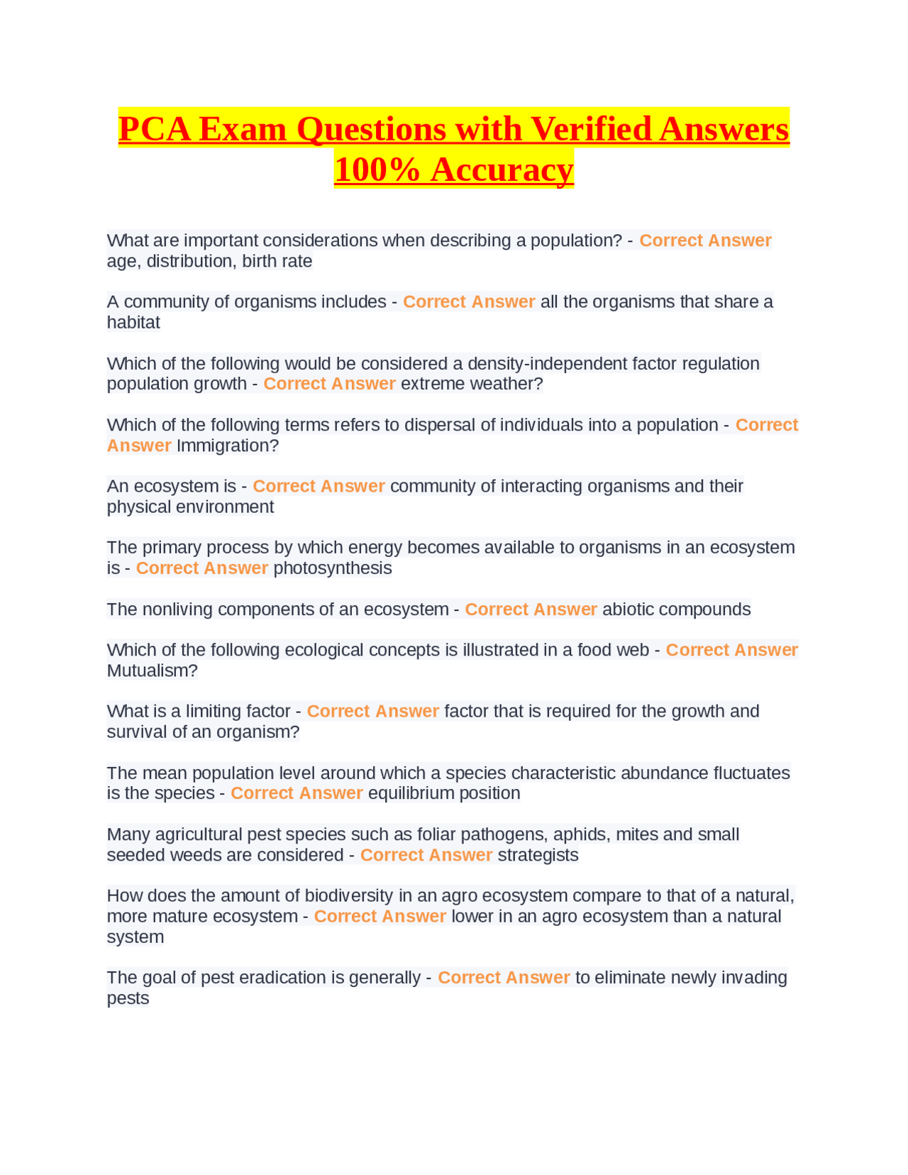 PCA Exam Questions with Verified Answers 100% Accuracy | Exams Nursing ...