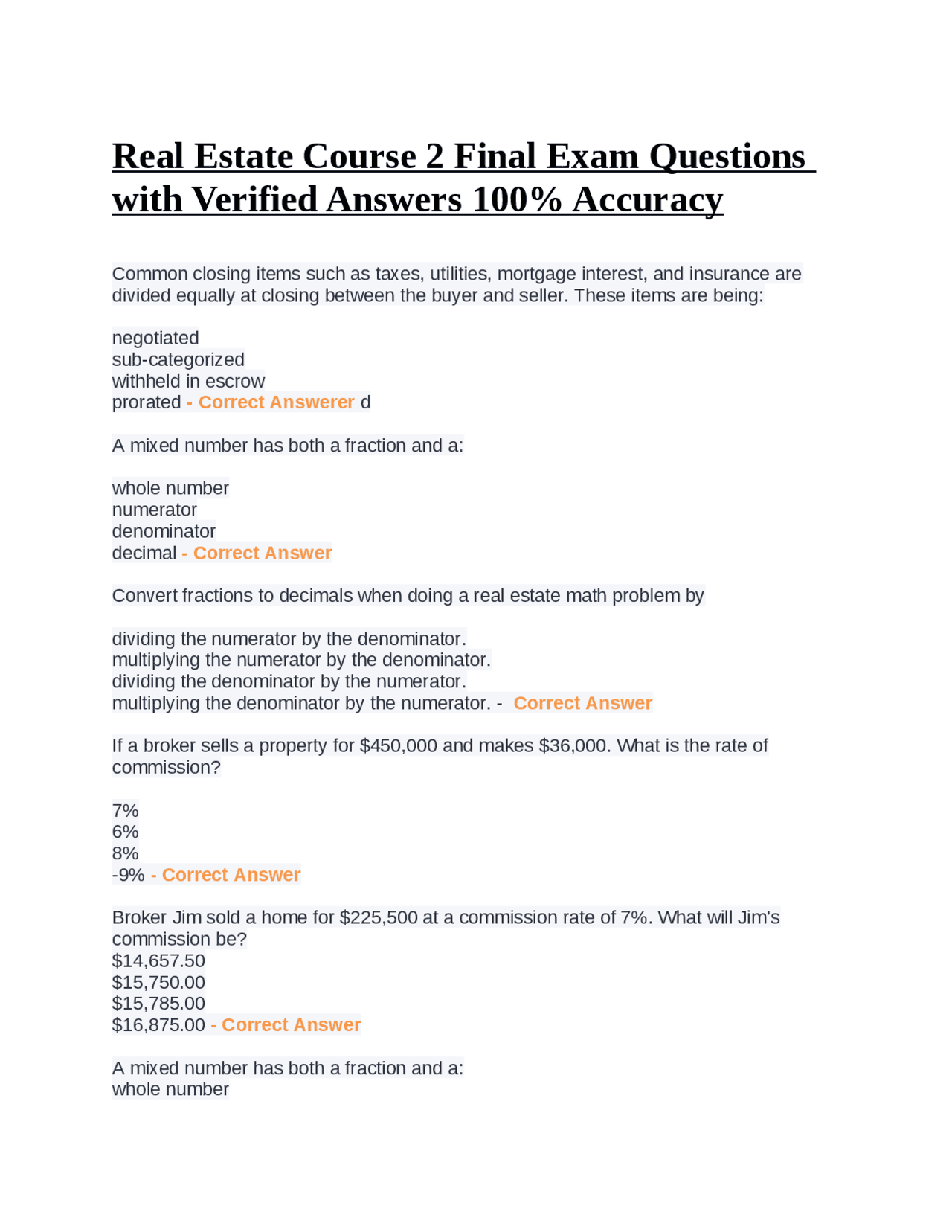 Real Estate Course 2 Final Exam Questions with Verified Answers 100% ...