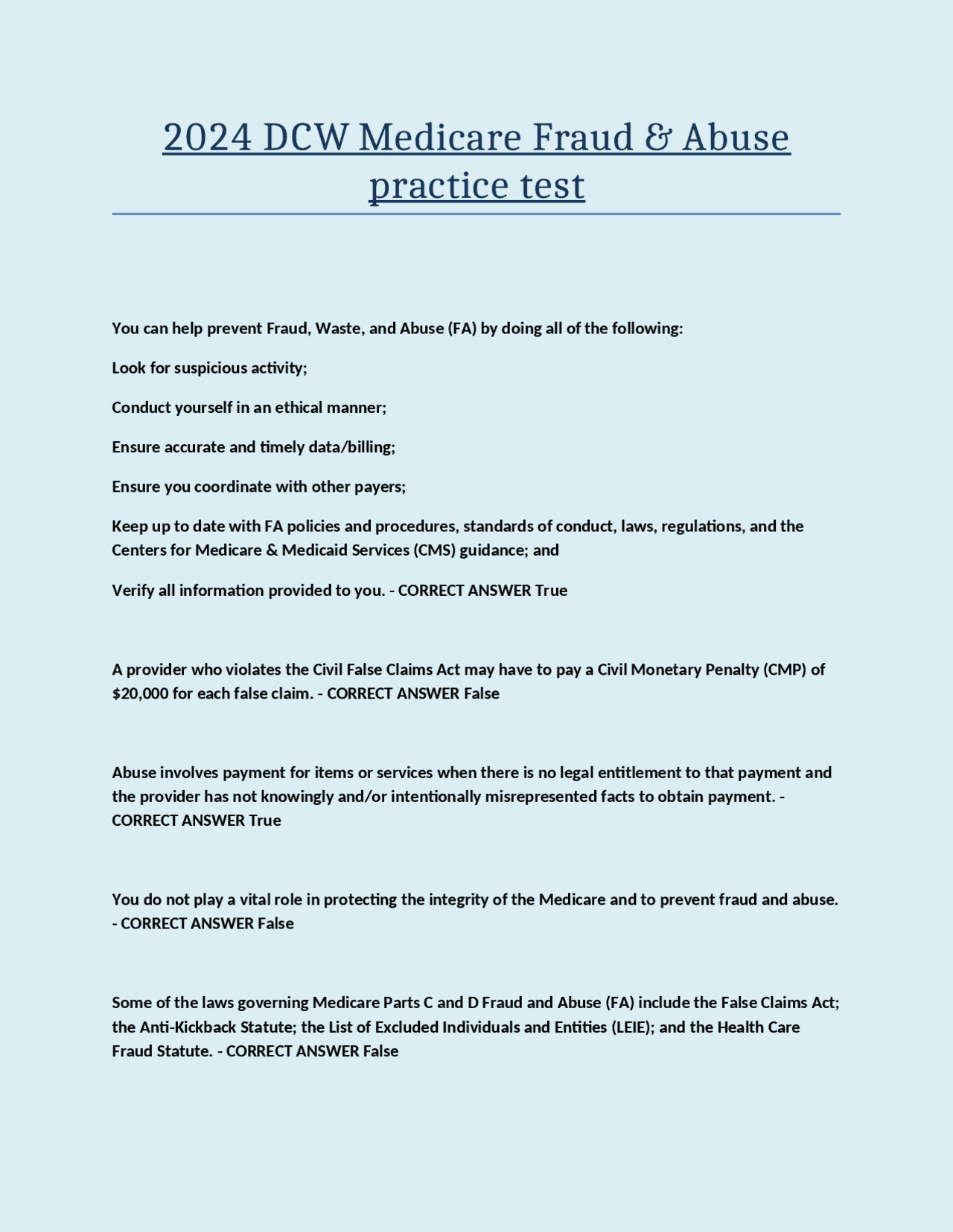 2024 DCW Medicare Fraud & Abuse practice test | Exams Advanced ...