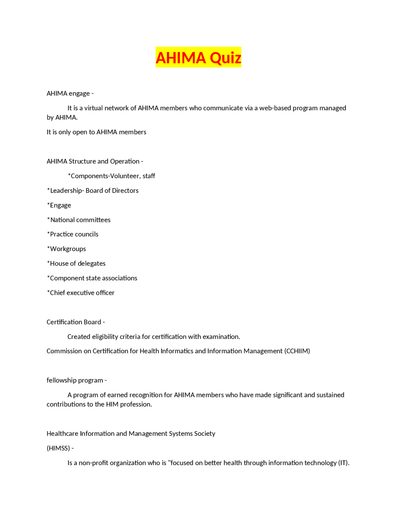 AHIMA: Structure, Operations, and Certification | Exams Nursing | Docsity