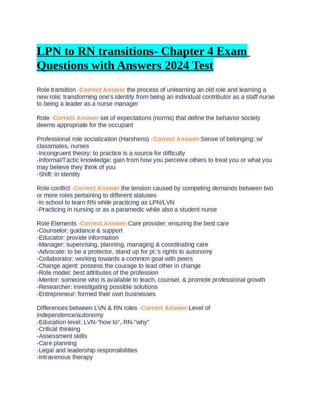 LPN to RN transitions- Chapter 4 Exam Questions with Answers 2024 Test ...