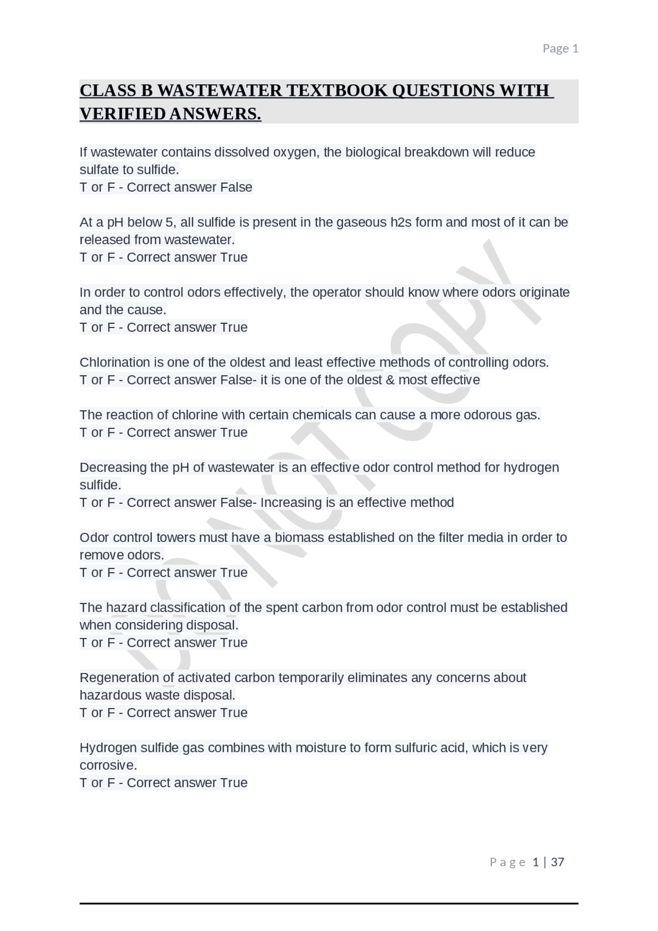 CLASS B WASTEWATER TEXTBOOK QUESTIONS WITH VERIFIED ANSWERS. | Exams ...