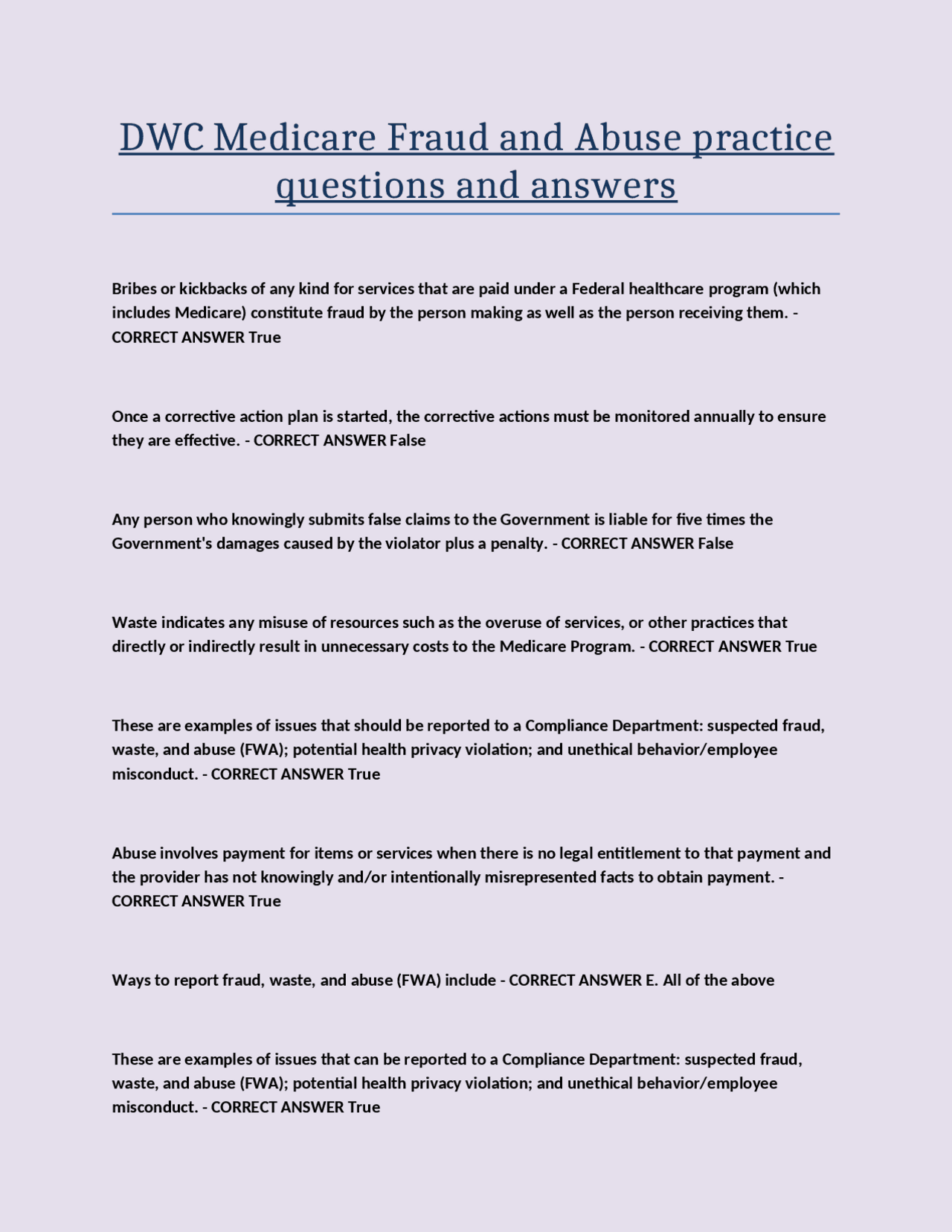 2024 DCW Medicare Fraud & Abuse practice test | Exams Advanced ...