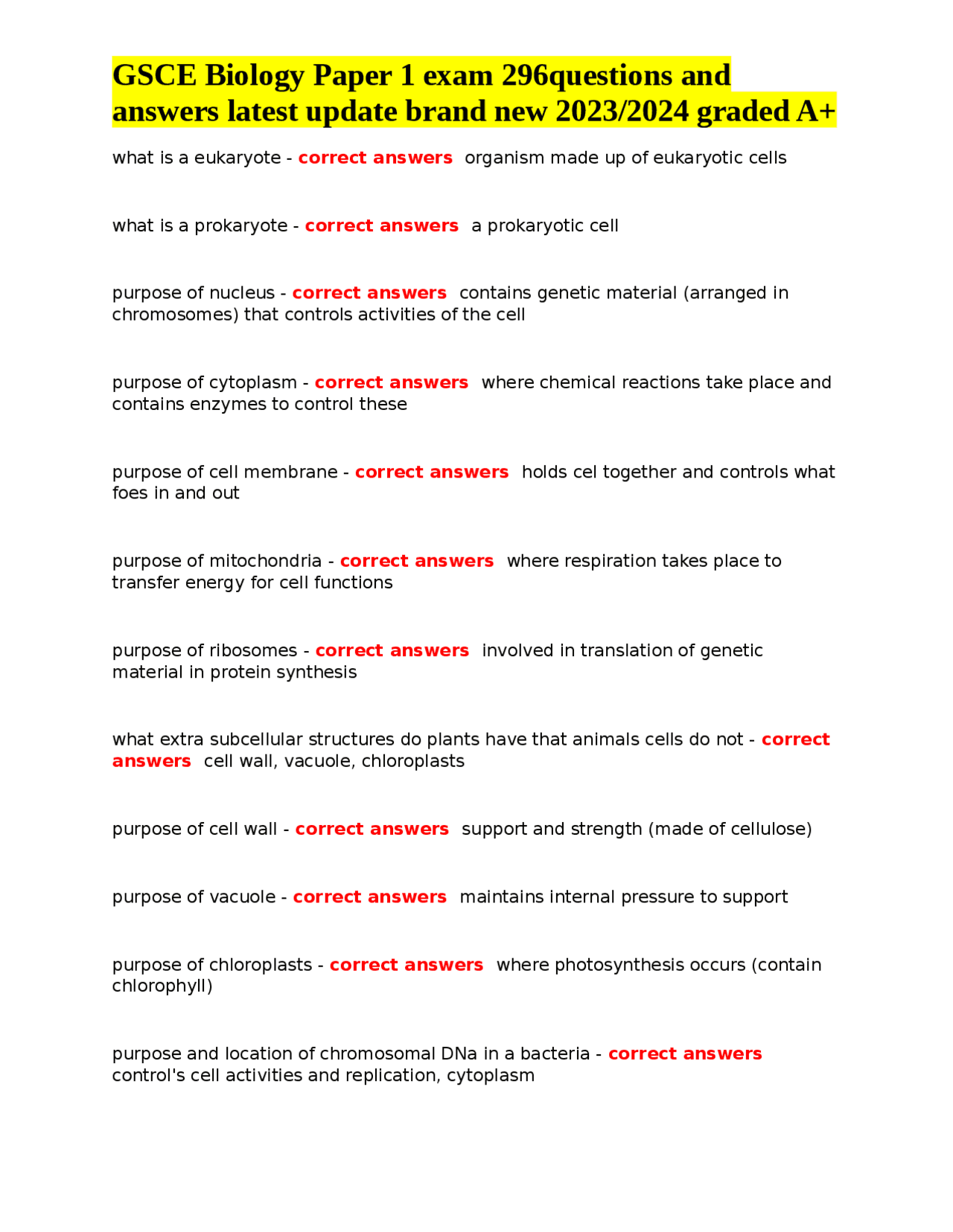 GSCE Biology Paper 1 exam 296questions and answers latest update brand ...