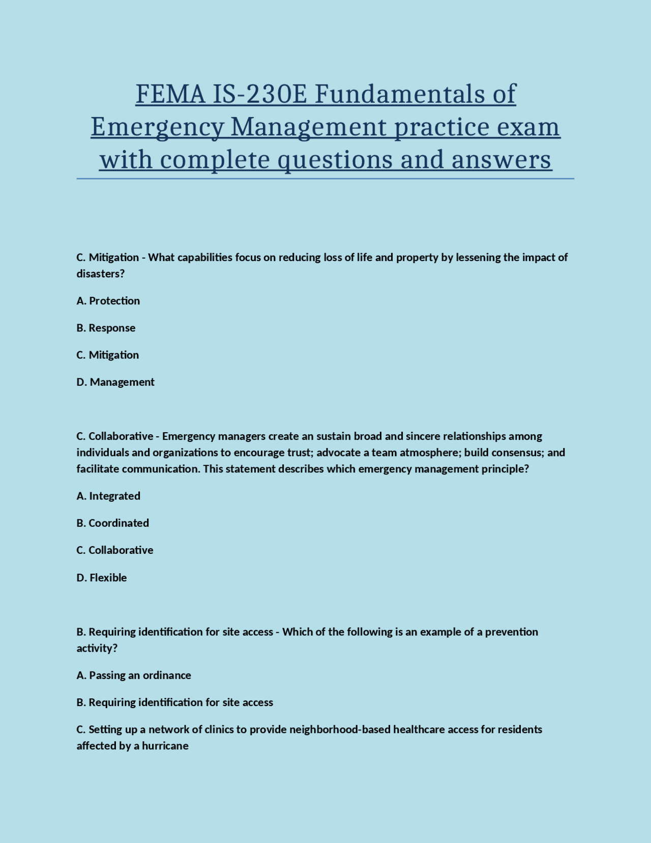 FEMA IS-230.D Fundamentals of Emergency Management final exam questions ...