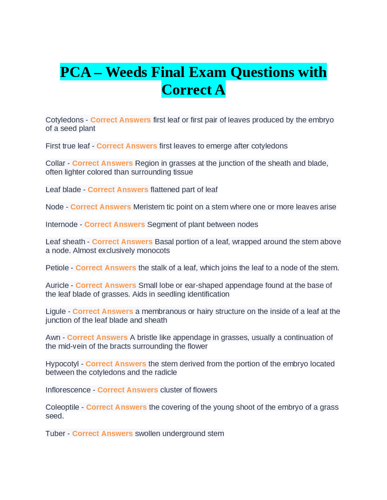 PCA – Weeds Final Exam Questions with Correct A | Exams Nursing | Docsity