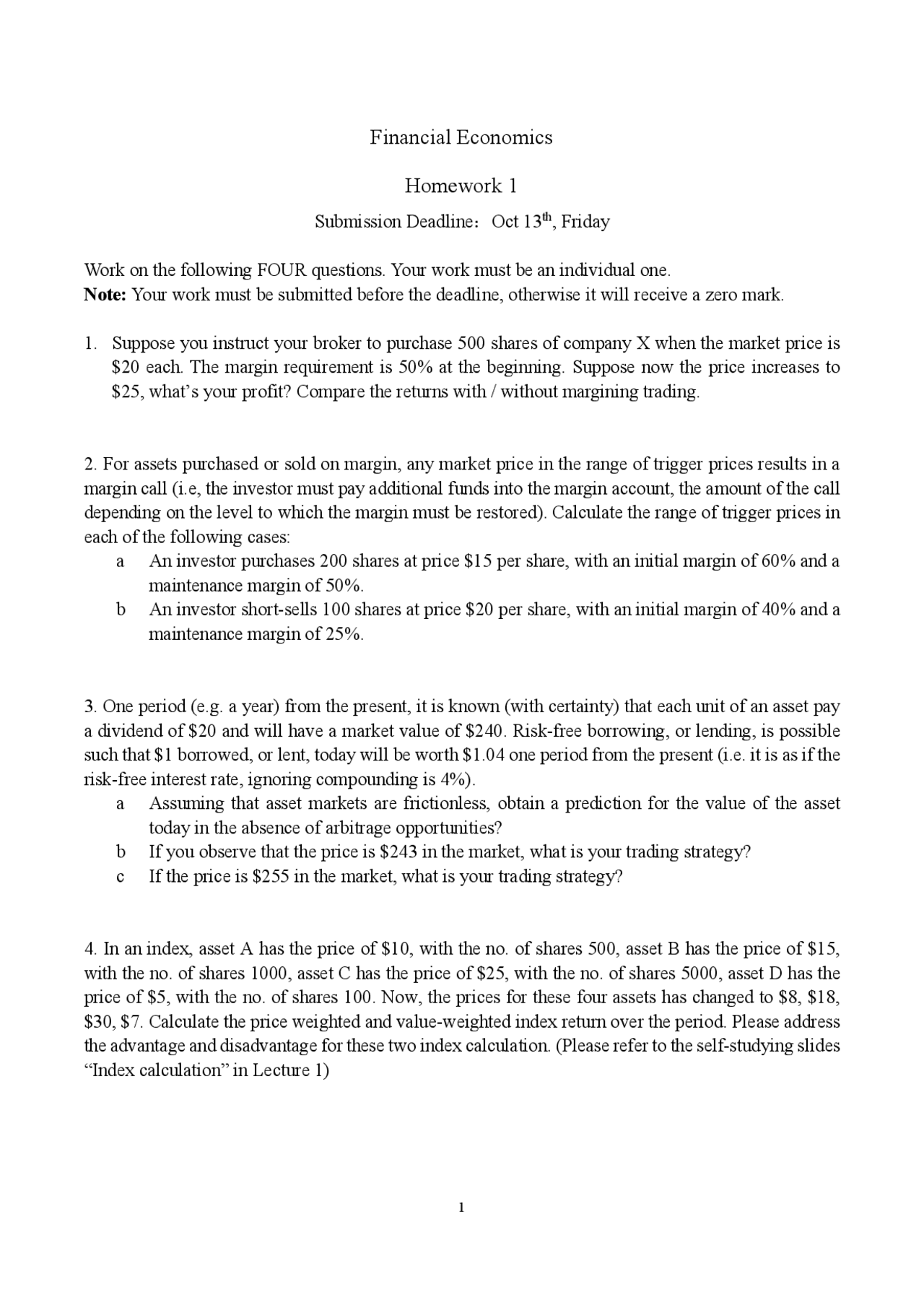 homework1-financial economics | Exercises Financial Economics | Docsity