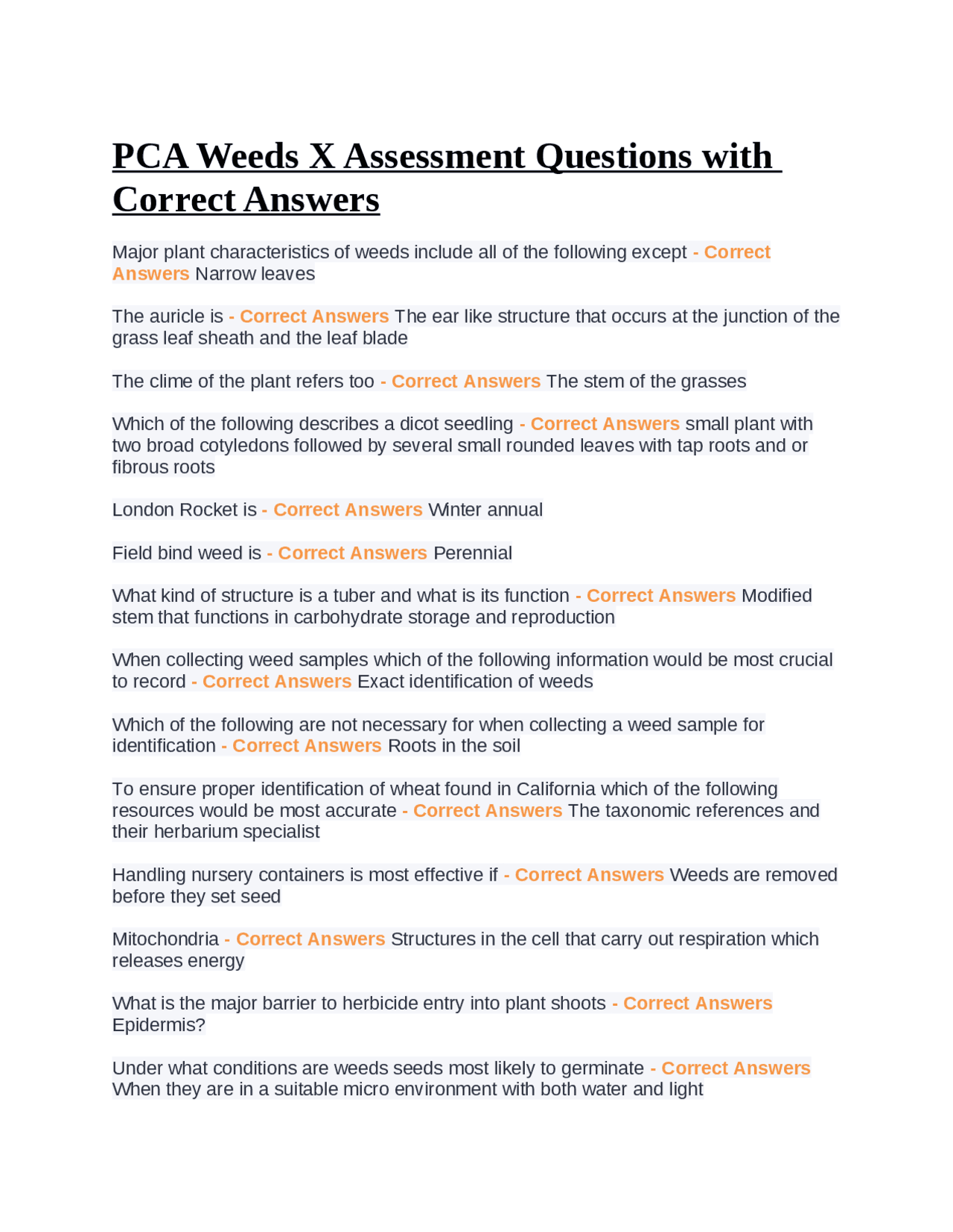 PCA Weeds X Assessment Questions with Correct Answers | Exams Nursing ...
